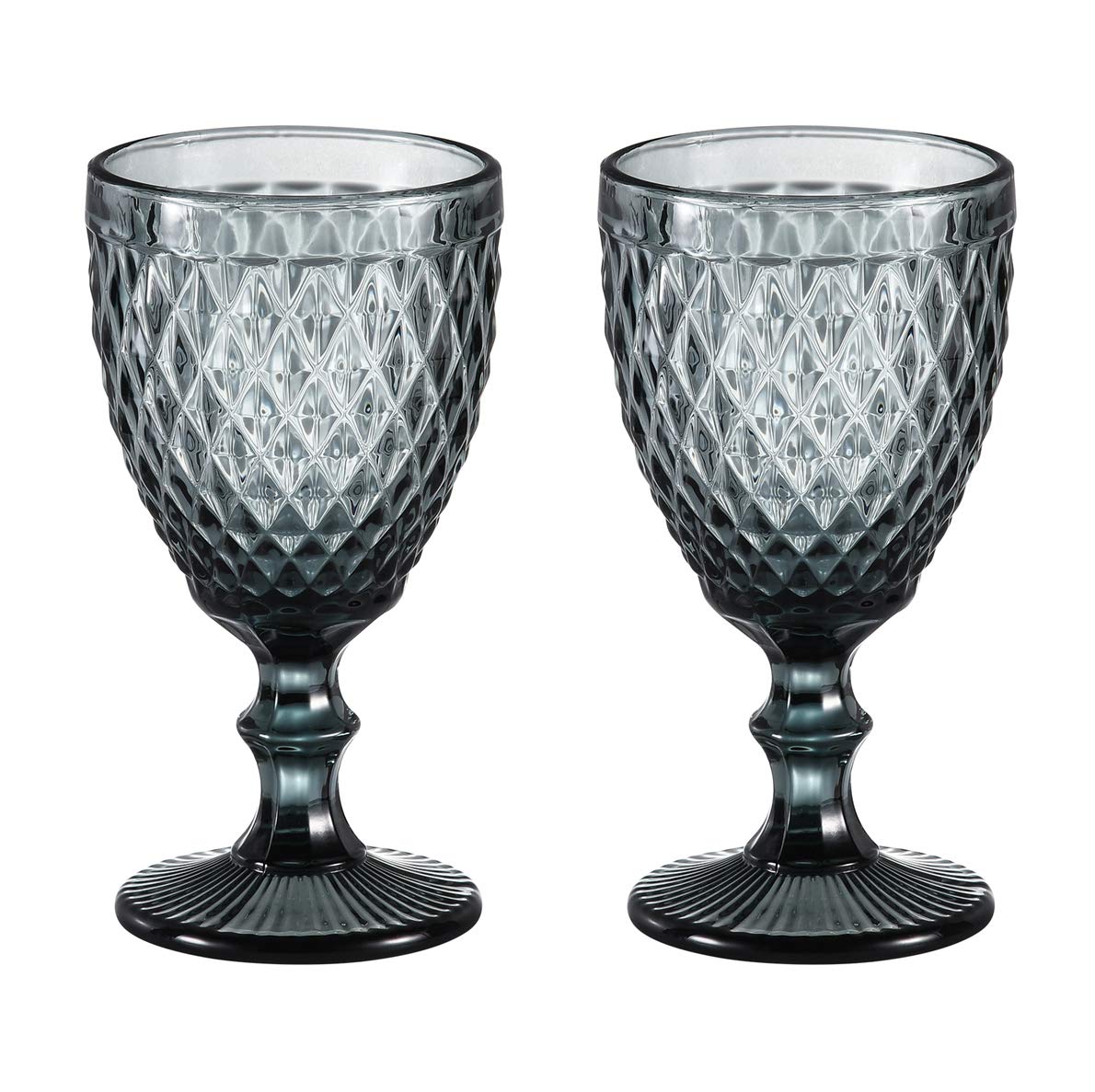 HUHUXIAOWU Wine glass, Colored Glass Goblet, 6oz/10oz Vintage Pattern Embossed High Clear Glass Goblets for Party, Wedding (Diamond/Gray/Set of 2, 10oz)