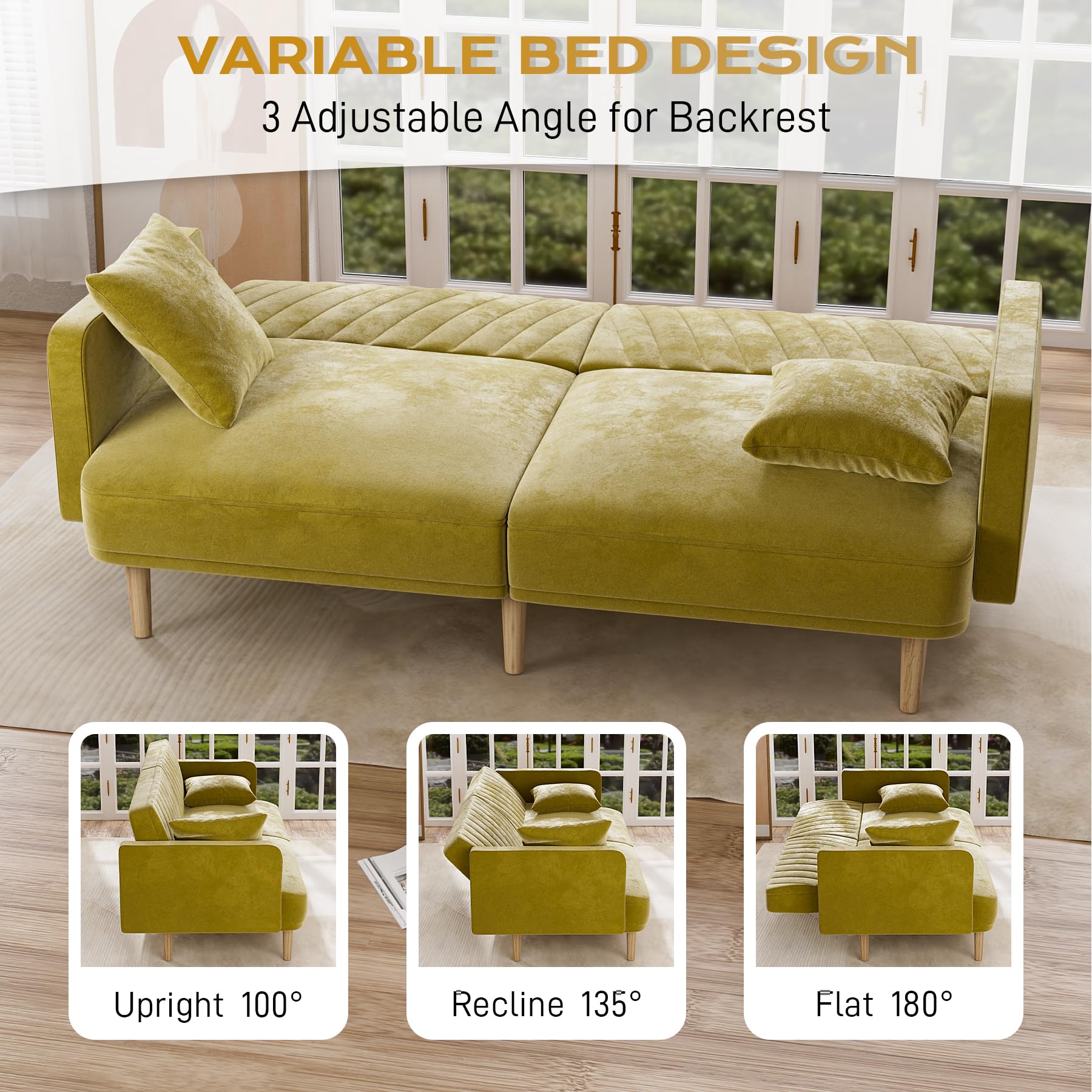 OUYESSIR Futon Sofa Bed, Convertible Sleeper Sofa with Wood Legs, 75.3β Splitback Sofa with 2 Pillows, Velvet Futon Couch for Living Room (Olive Green)