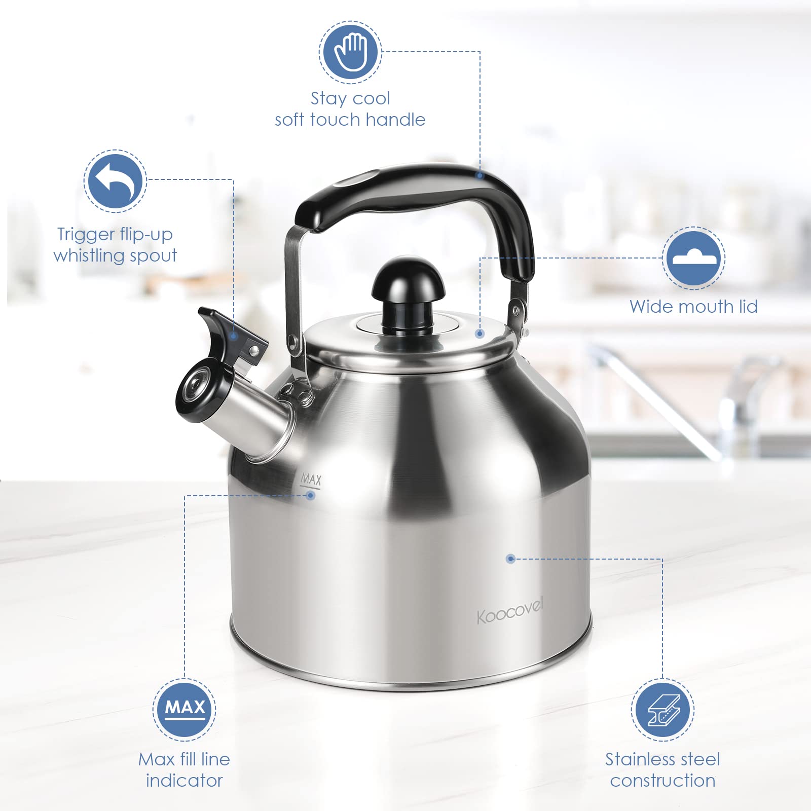 Koocovel Tea Kettle for Stove Top,304 Stainless Steel Tea Kettles,4L/4.2QT Tea Kettles for Kitchen,Camping,Traveling,Portable,Fast to Boil