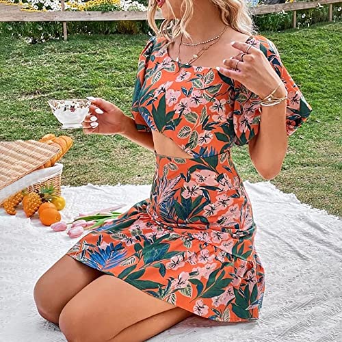High Slit Women's Square Neck Ruffle Mini Dress Smocked Cut Out Ditsy Floral Backless Puff Short Sleeve Red