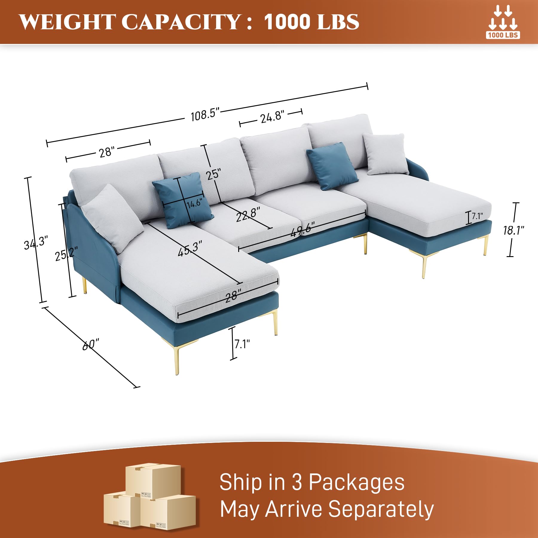 OUYESSIR U Shaped Sectional Sofa Couch, 4 Seat Sofa Set with Double Chaise, 108.5" U-Shaped Modern Fabric Sofa Sleeper with 4 Throw Pillows for Living Room, Blue