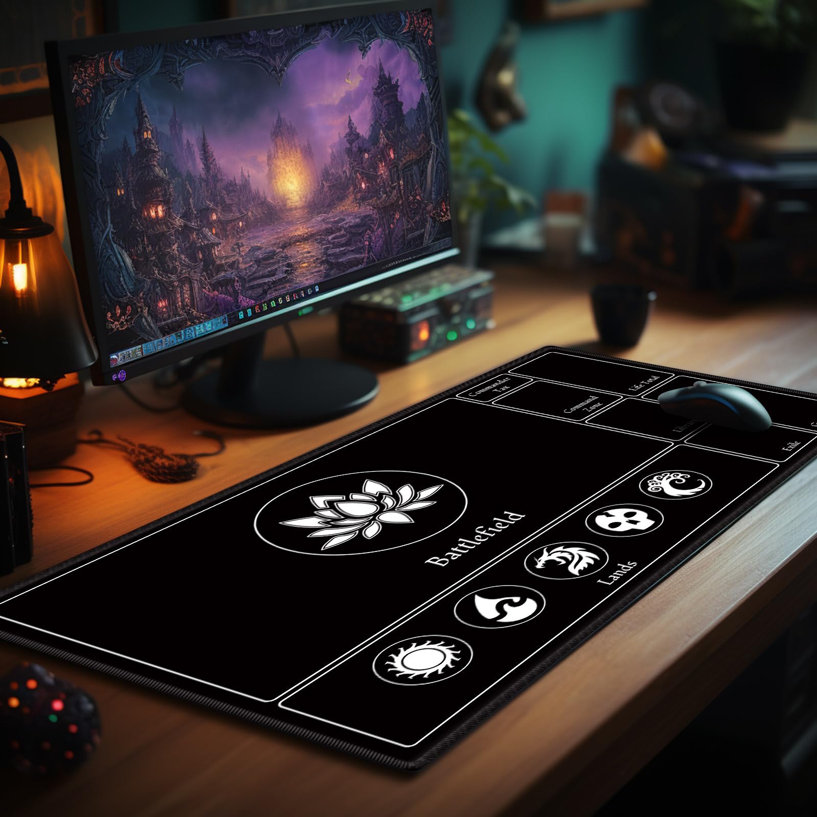EDGFRTOIO Card Playmat Stitched with Magic Zones, Game Mats Tabletop 24x14 inch for MTG/TCG Card Battles Commander Deck Gaming Desk Mat Duel Mat Card Gameplay Mats for Beginner (Black, Green, 2 Pack)