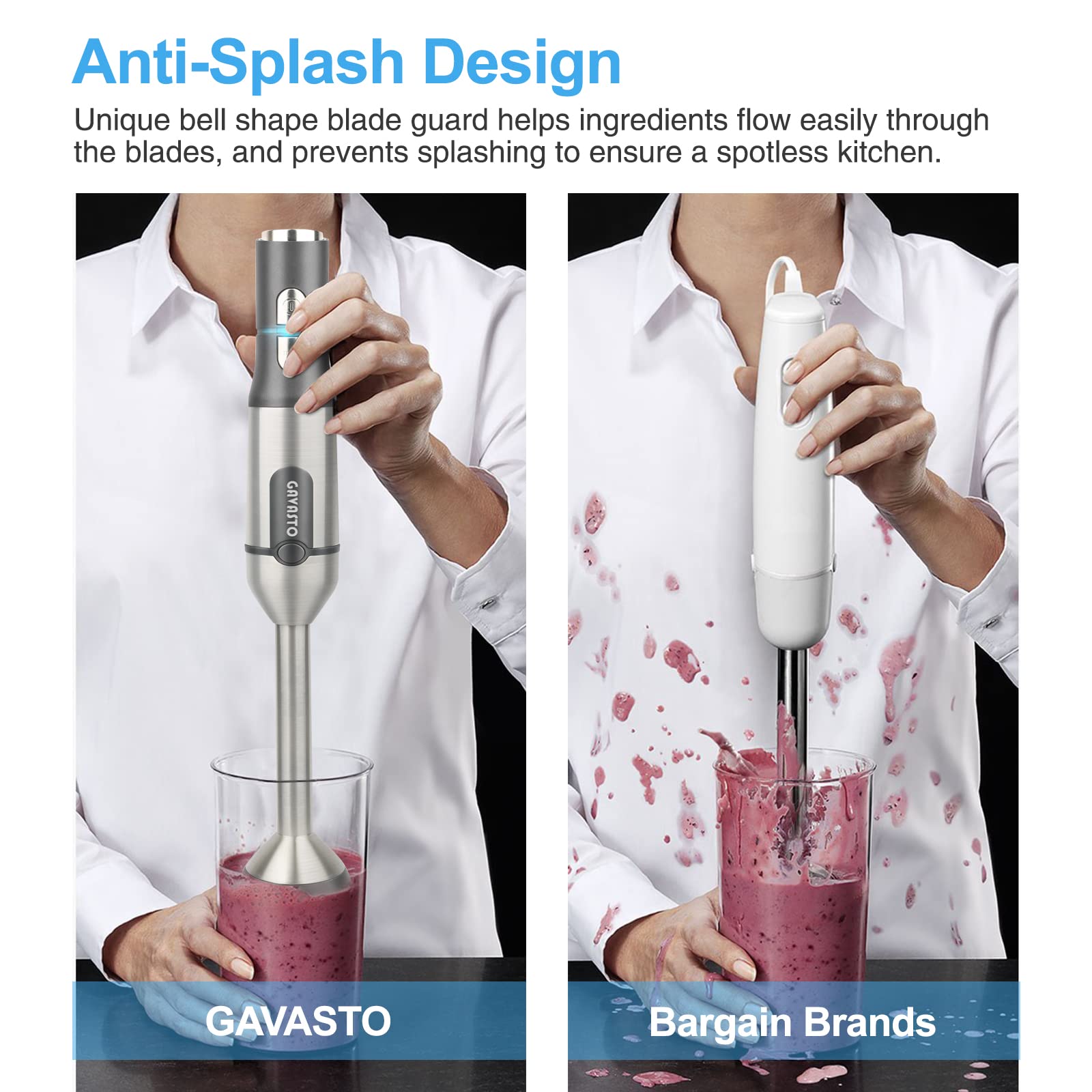 Gavasto Immersion Blender 800 Watts Scratch Resistant Hand Blender,15 Speed and Turbo Mode Hand Mixer, 3-in-1 Heavy Duty Copper Motor Stainless Steel Smart Stick with Egg Beaters and Chopper
