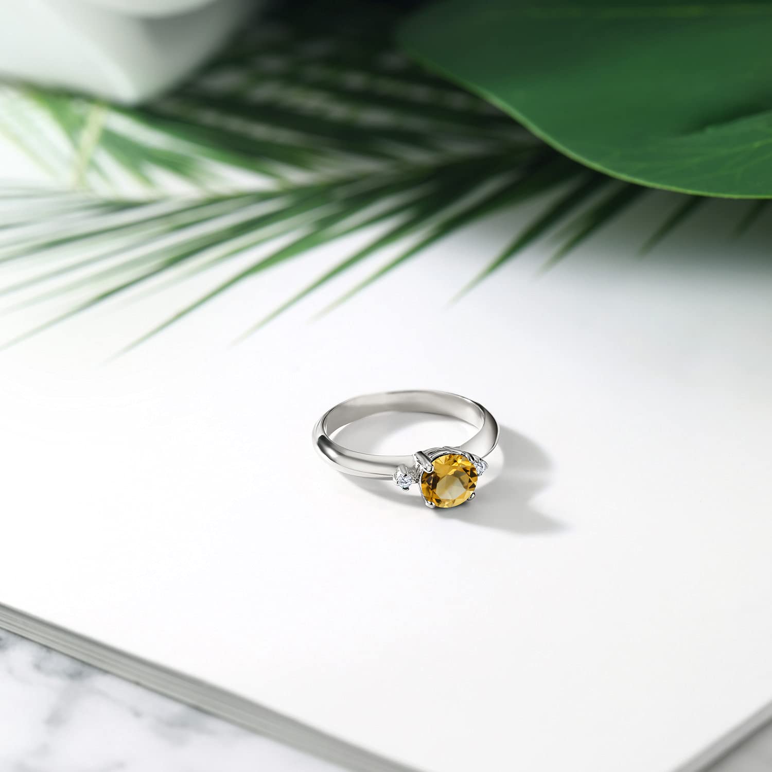 Gem Stone King 925 Sterling Silver Round Yellow Citrine and White Moissanite Ring (0.83 Cttw, Gemstone Birthstone, Available In Size 5, 6, 7, 8, 9)