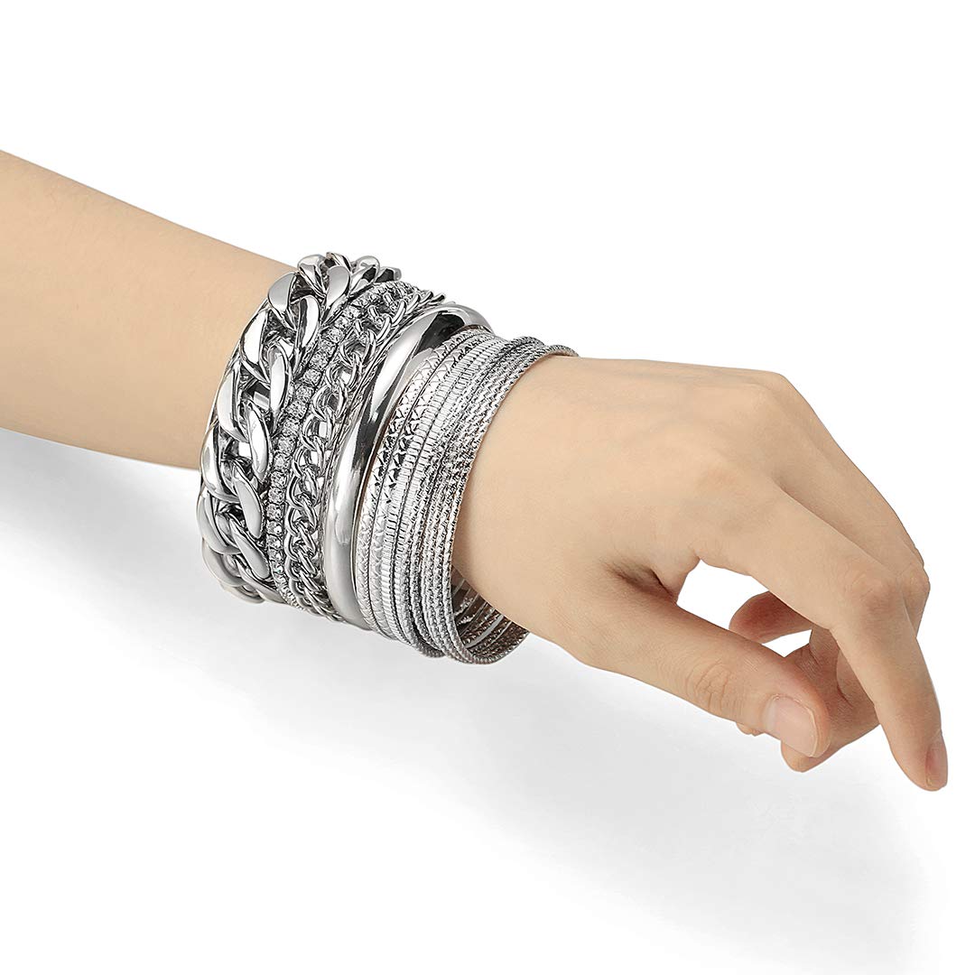 Ensoul Shiny Silver Color Multiple Textured Metal Bracelets & Bangles Set 14Pcs/Set W/Rhinestones