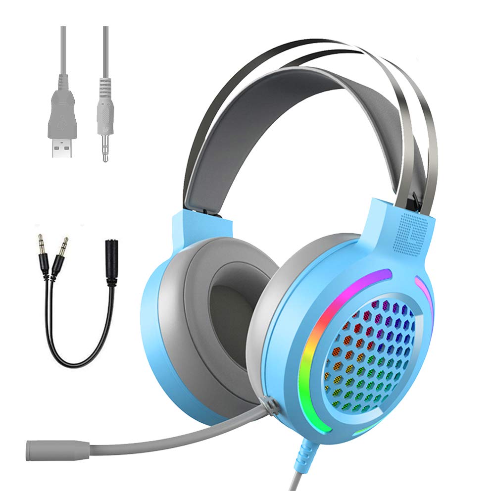Gaming Headset,Rainbow LED Backlit, 3.5mm Stereo Surround with Microphone Compatible with Smart Phones, PC, PS4 and Other Gaming Devices, can Control Volume and Noise Reduction (Blue)