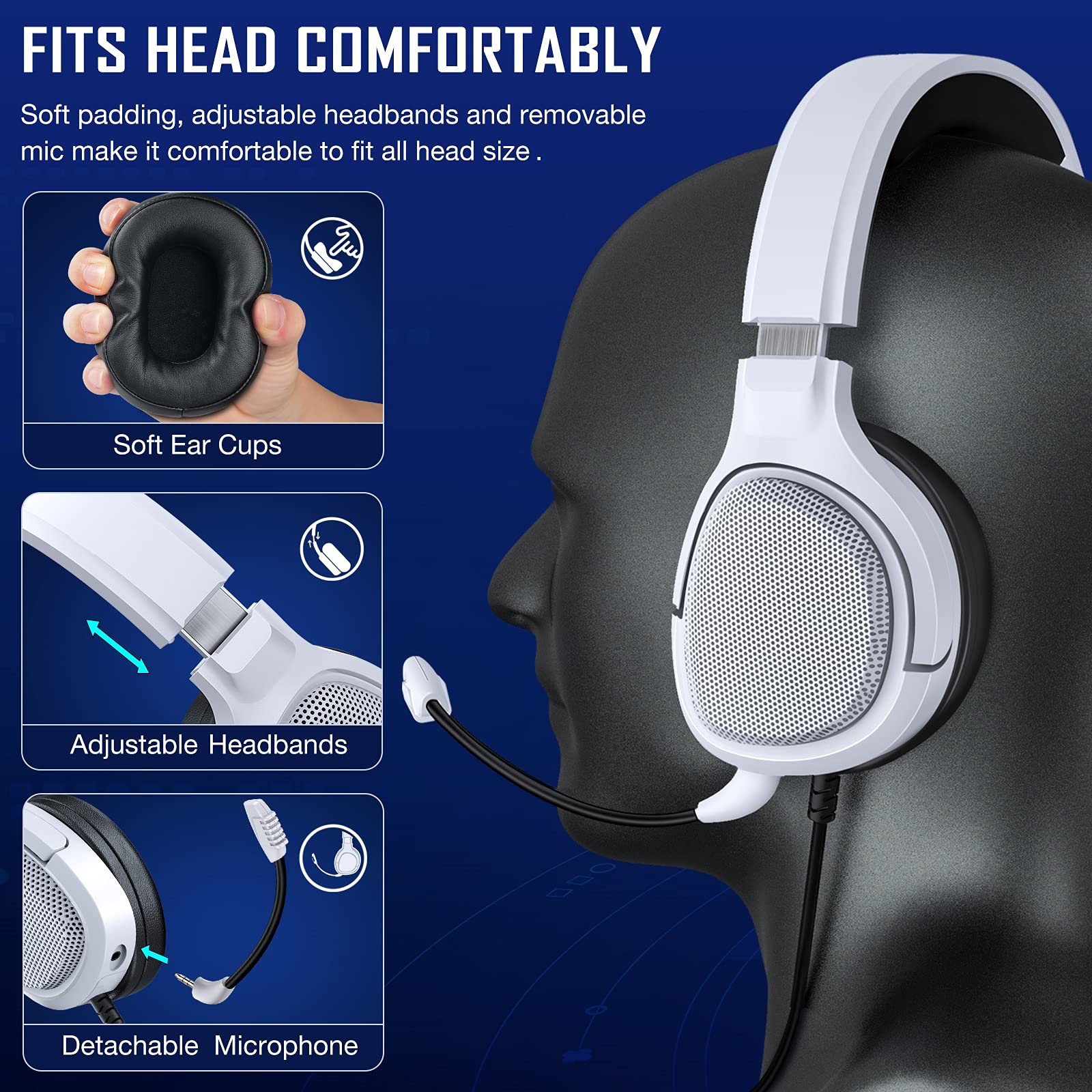 Gaming Headsets for PC Gamer with Removal Microphone, Noise Cancelling Mic, EUROA Over Ear Computer Headphones, Light Weight, Adjustable Headband, Soft Memory Foam White