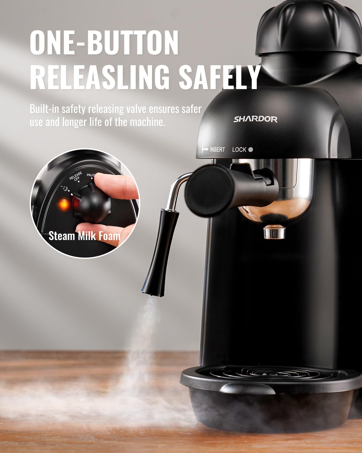 SHARDOR Espresso Machine with Powerful Steamer, 5-Bar Cappuccino Espresso Maker with Steam Milk Frother, 1-4 Cup Latte Coffee Maker for Home, Black