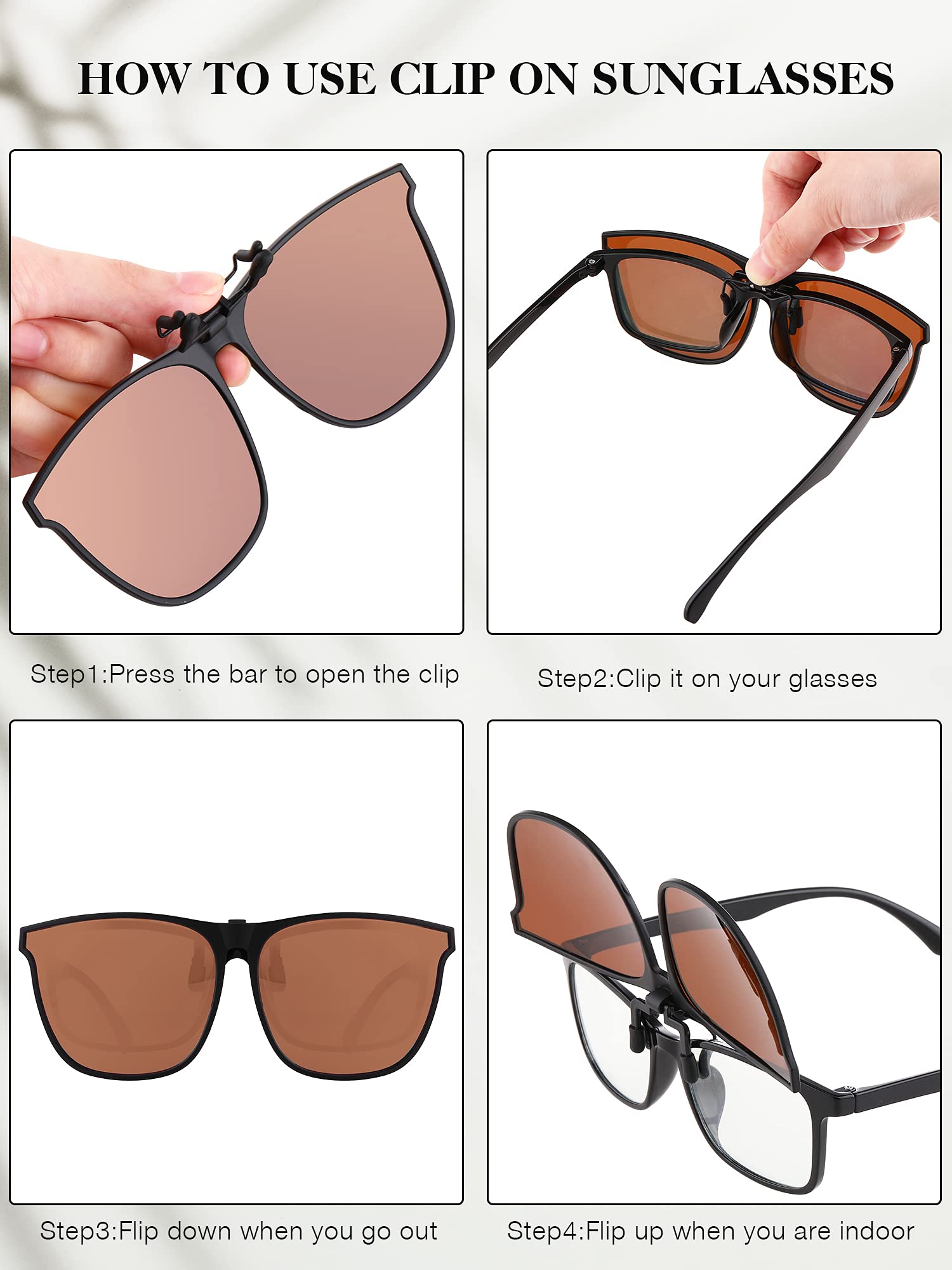 Frienda 3 Pair Oversize Polarized Clip-on Sunglasses Large Anti-glare TR90 Frame Flip up Driving Glasses for Women Men (Black Gray, Yellow)