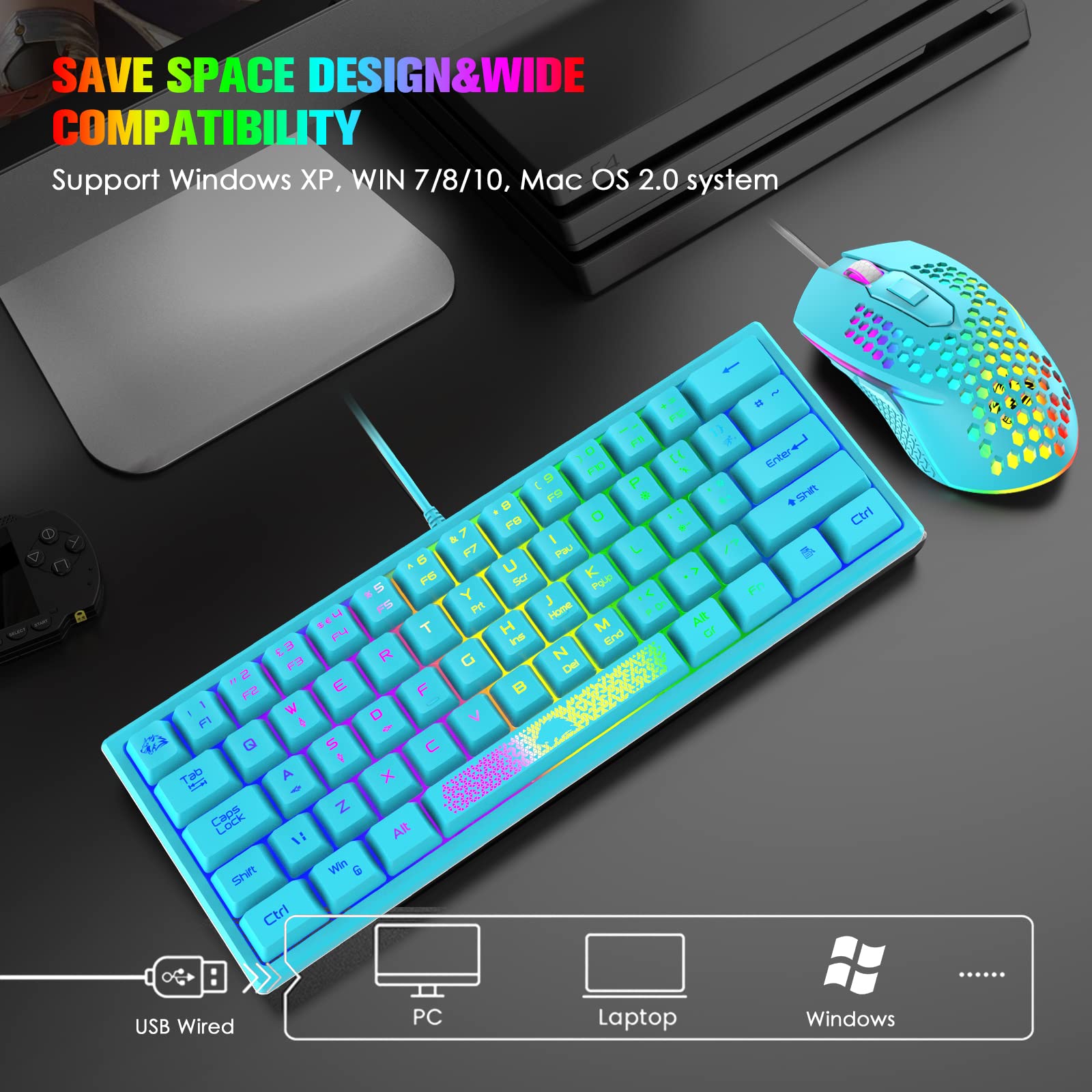 Gaming Keyboard and Mouse Combo Mini Portable with Chroma RGB Backlit Ergonomic 62Key Layout 19Key Anti-ghosting Mechanical Feel 3200DPI Honeycomb Mice USB Wired for PC Mac Gamer Laptop Typists(Blue)