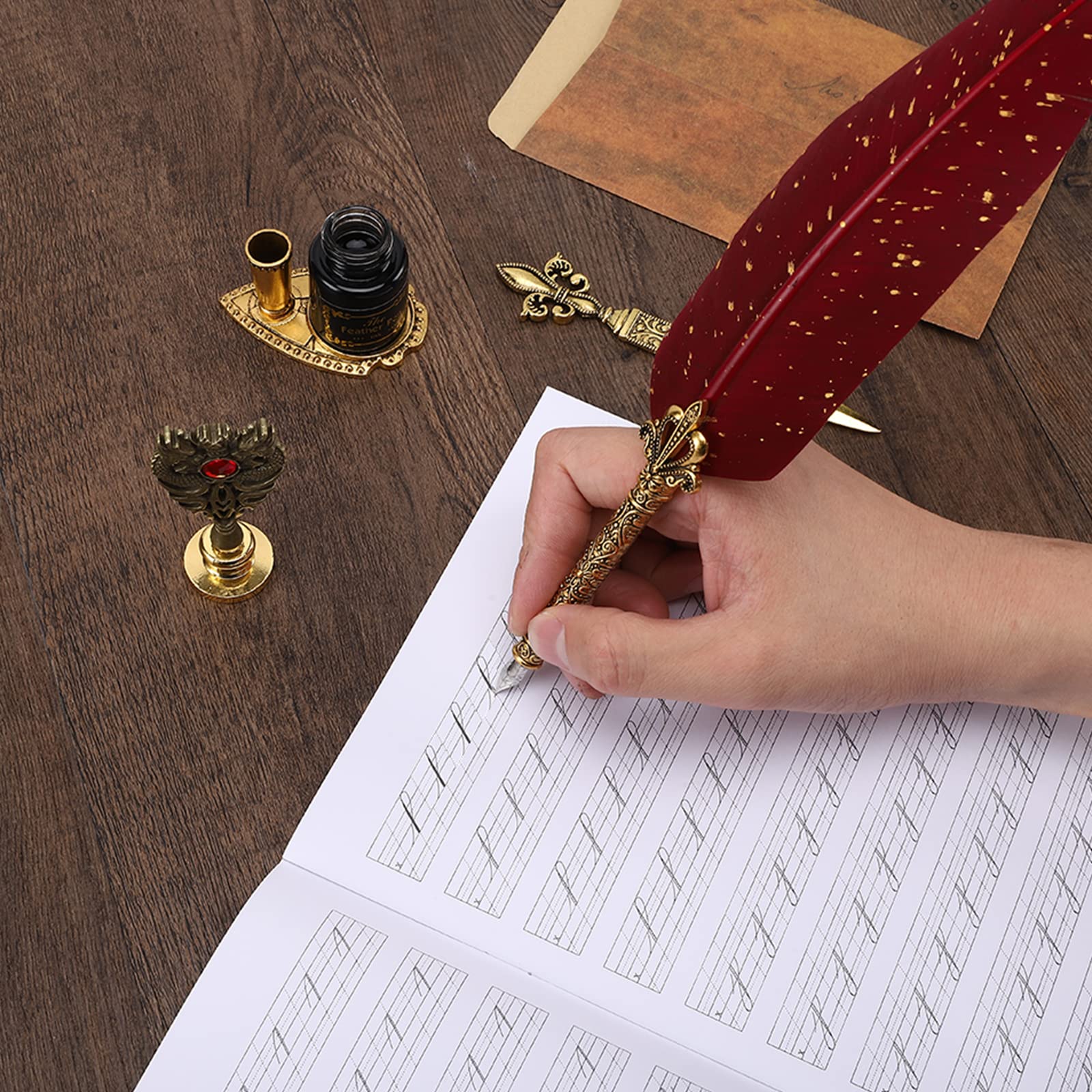 Junhartt Quill Feather Pen and Ink Set - Calligraphy Pen Set with Workbook and Wax Seal Stamp Kit (Red)