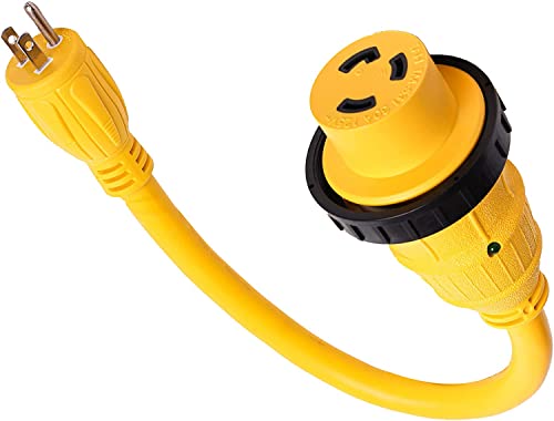 Marvine RV/Boat Shore Power Adapter 1.5FT 15 Amp to 30 Amp NEMA 5-15P to L5-30R Twist Lock Female with LED Indicator STW10/3 Heavy Duty