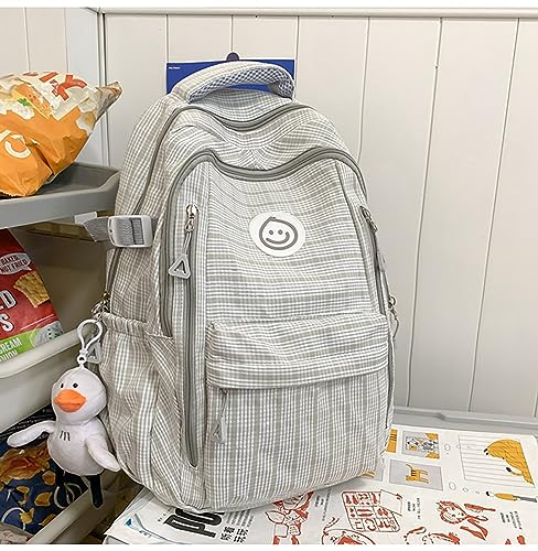 Qyrno Plaid Backpack Kawaii Backpack with Cute Accessories Cute Backpack Aesthetic Backpack DIY Backpack (5-Grey)
