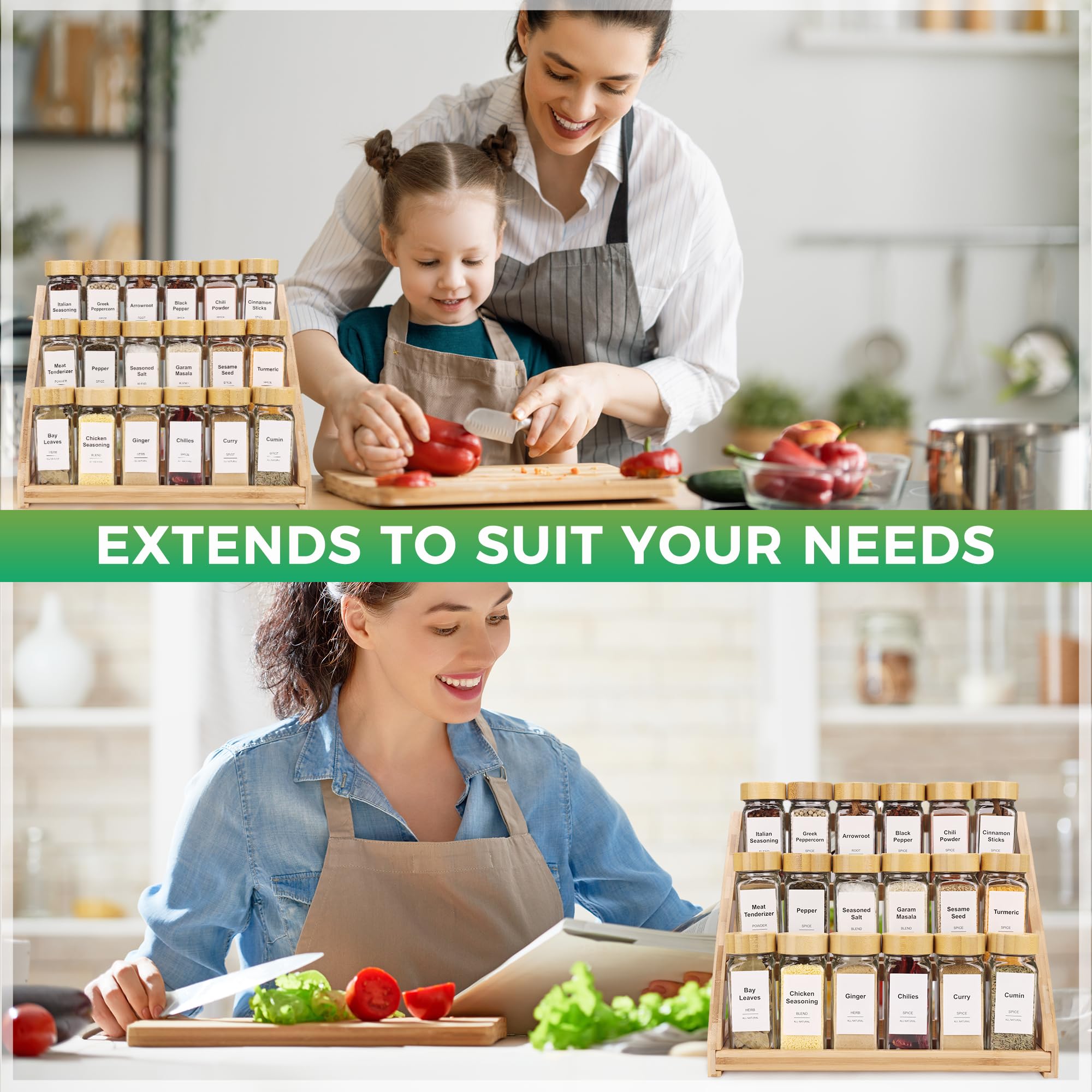 MNADSFKJ Spice Rack Organizer for Cabinet, 3 Tier Spice Rack, Bamboo Spice Organizer for Kitchen Cabinet, Pantry and Countertop Organization- Natural