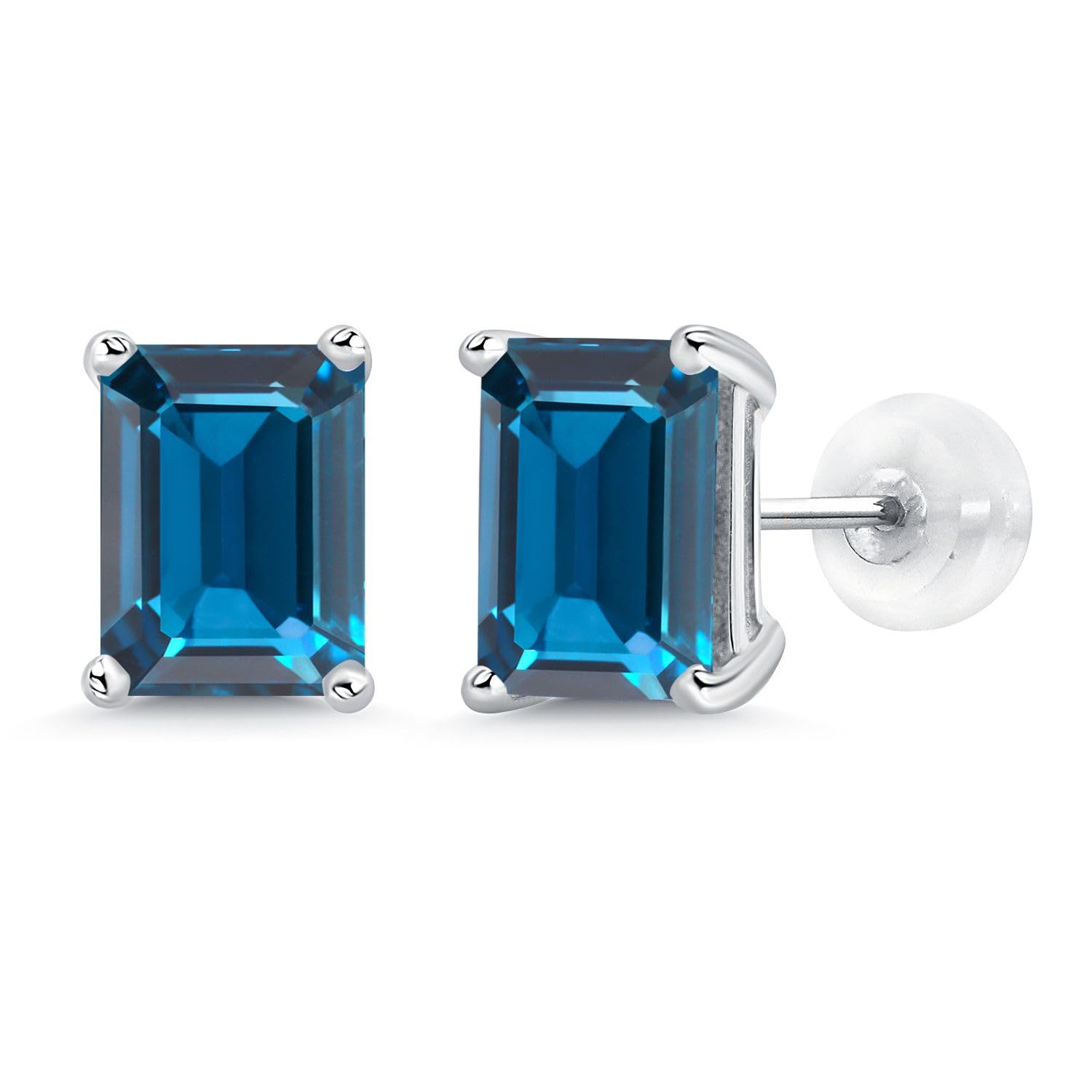 Gem Stone King 14K White Gold Gemstone Birthstone Stud Earrings | Emerald Cut 8X6MM | White Gold Earrings For Women