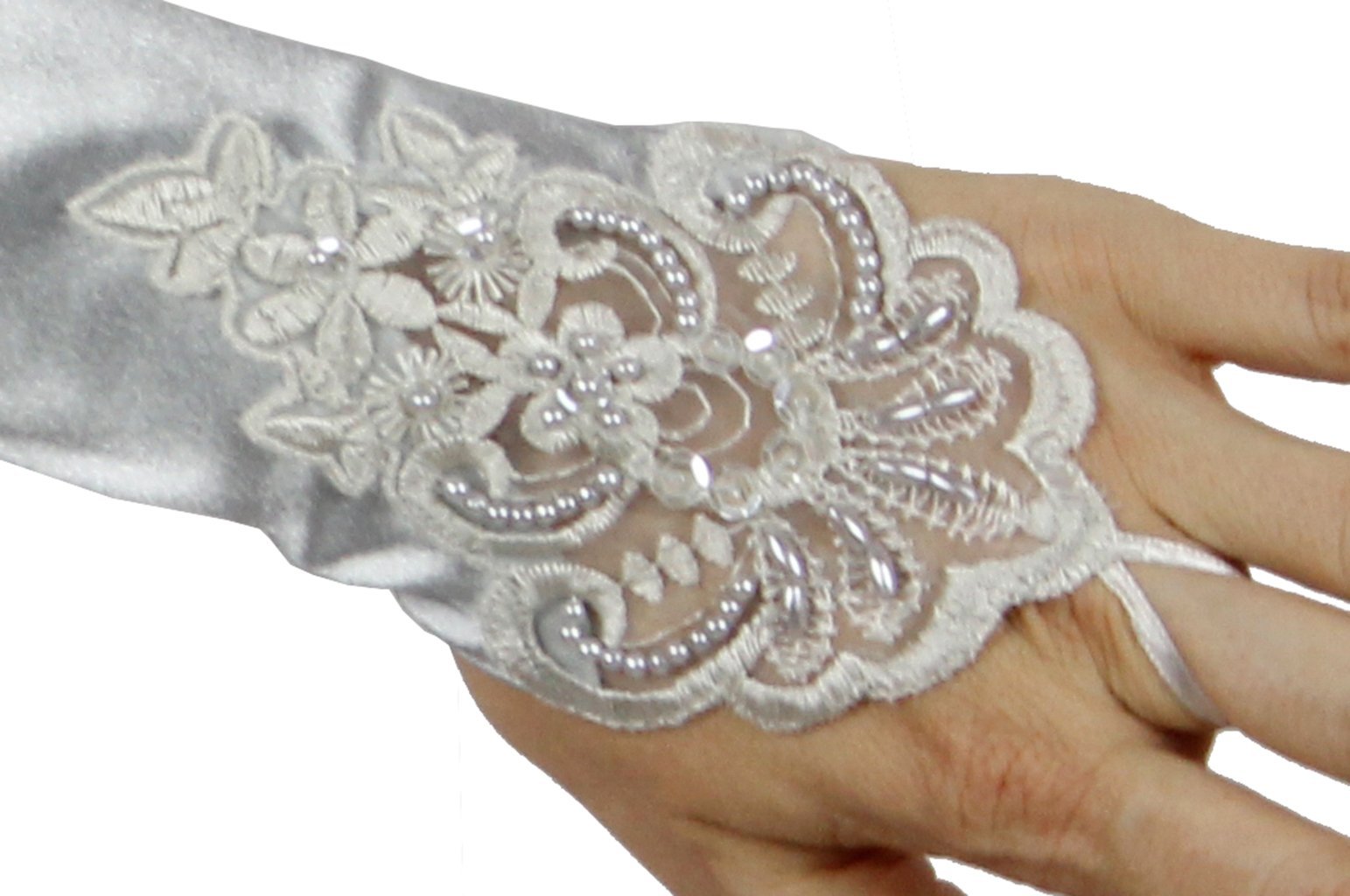 Grace Fingerless Long Gathered and Beaded Gloves, Silver
