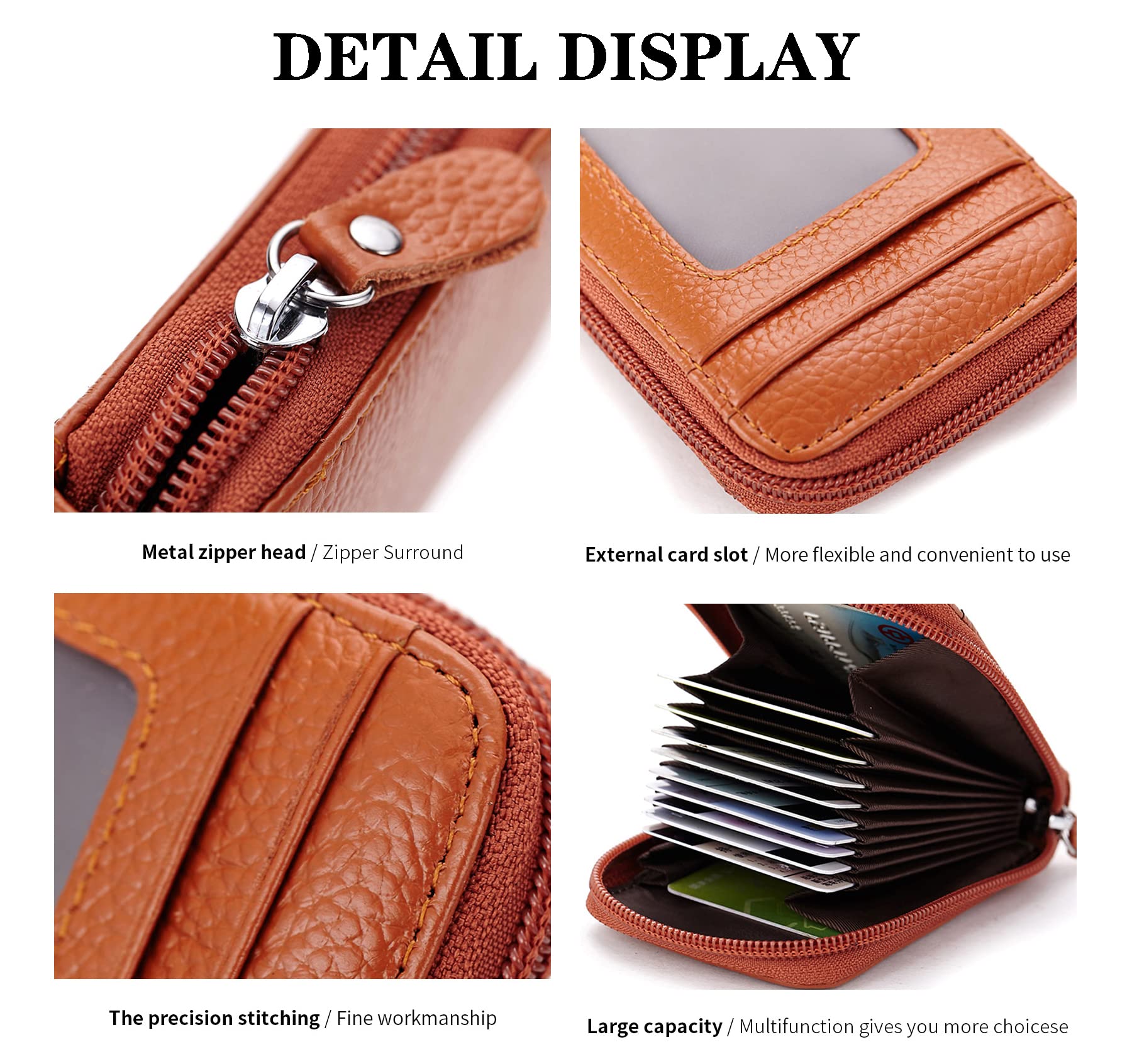 Genuine Leather Holder Zipper Credit Card Wallet RFID Organ Card Holder Purse Coin Wallet with ID Card Window (Khaki)