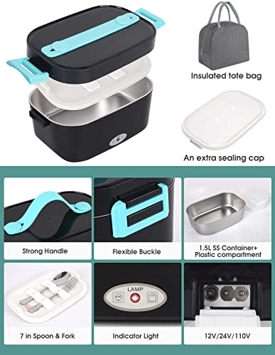 Xflyee 75W Electric Lunch Box Food Heater, 12V/110V Upgraded Leakproof Heating Lunch Box for Work/Car/Truck/Office with 1.5L Removable Stainless Steel Container, Fork & Spoon and Insulated Carry Bag