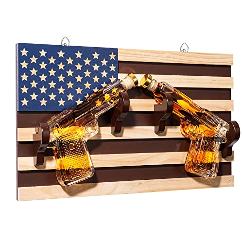 Pistol Whiskey Decanter Set of 2 300ml On American Flag Wall Rack by The Wine Savant - Tik Tok Gun Decanter, Veteran Gifts, Military Gifts, Home Bar Gifts, Law Enforcement Gifts