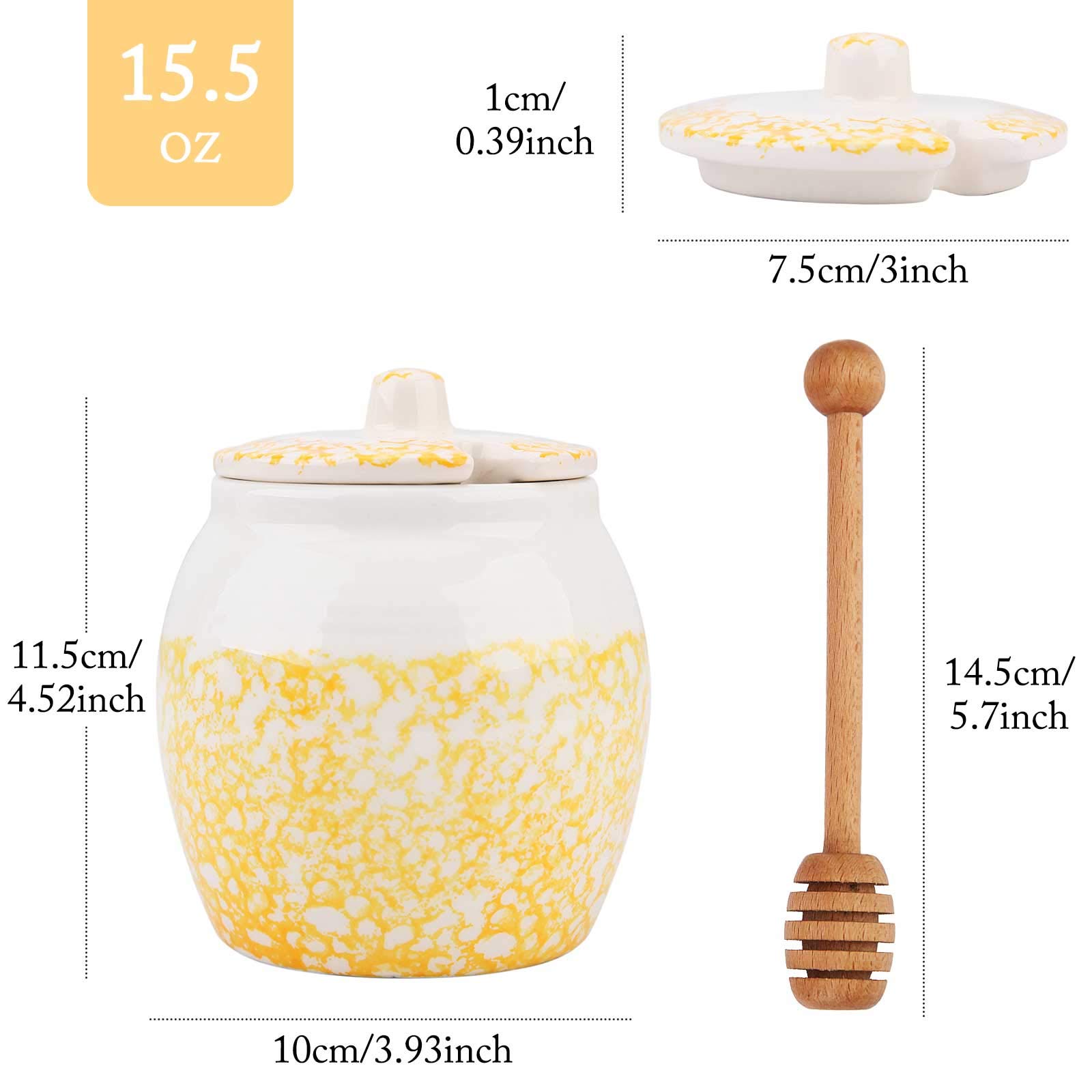 Kitchenexus Honey Pot, 15.5 OZ Ceramic Honey Jar with Lid and Wooden Dipper for Home Kitchen, Porcelain Honey Container for Storage (Yellow)