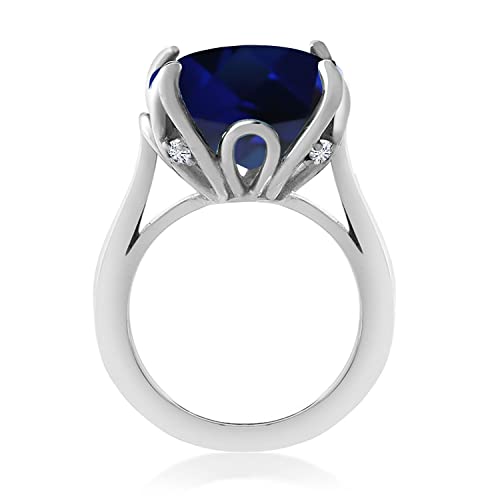 Gem Stone King 925 Sterling Silver Blue Created Sapphire and White Moissanite Women Ring (14.10 Cttw, Cushion 14MM, Available In Size 5, 6, 7, 8, 9)