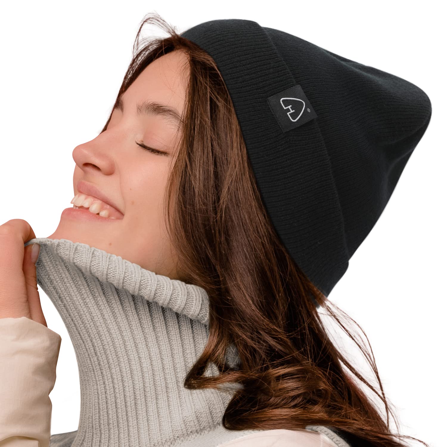 Hat Hut Satin Lined Beanie Hat for Women Cuffed Winter Hats for Curly Hair Silk Lining Slouchy Ski Beanie Hat Warm Skull Cap (Black)