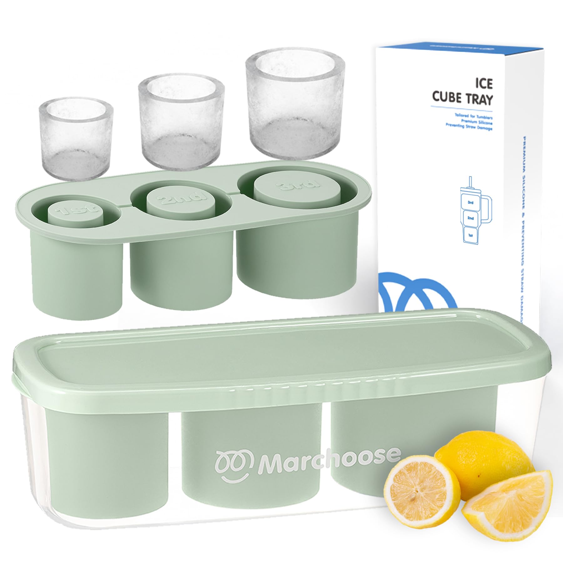 Marchoose Ice Cube Tray for Stanley Ice Mold Tumbler 30&40 Oz, Silicone Ice Mold with Lid & Bin for Freezer, Easy Push & Pop-Out Mold For Stanley Cup, Cocktails, Whiskey, Drinks, Coffee (Cool Mint)