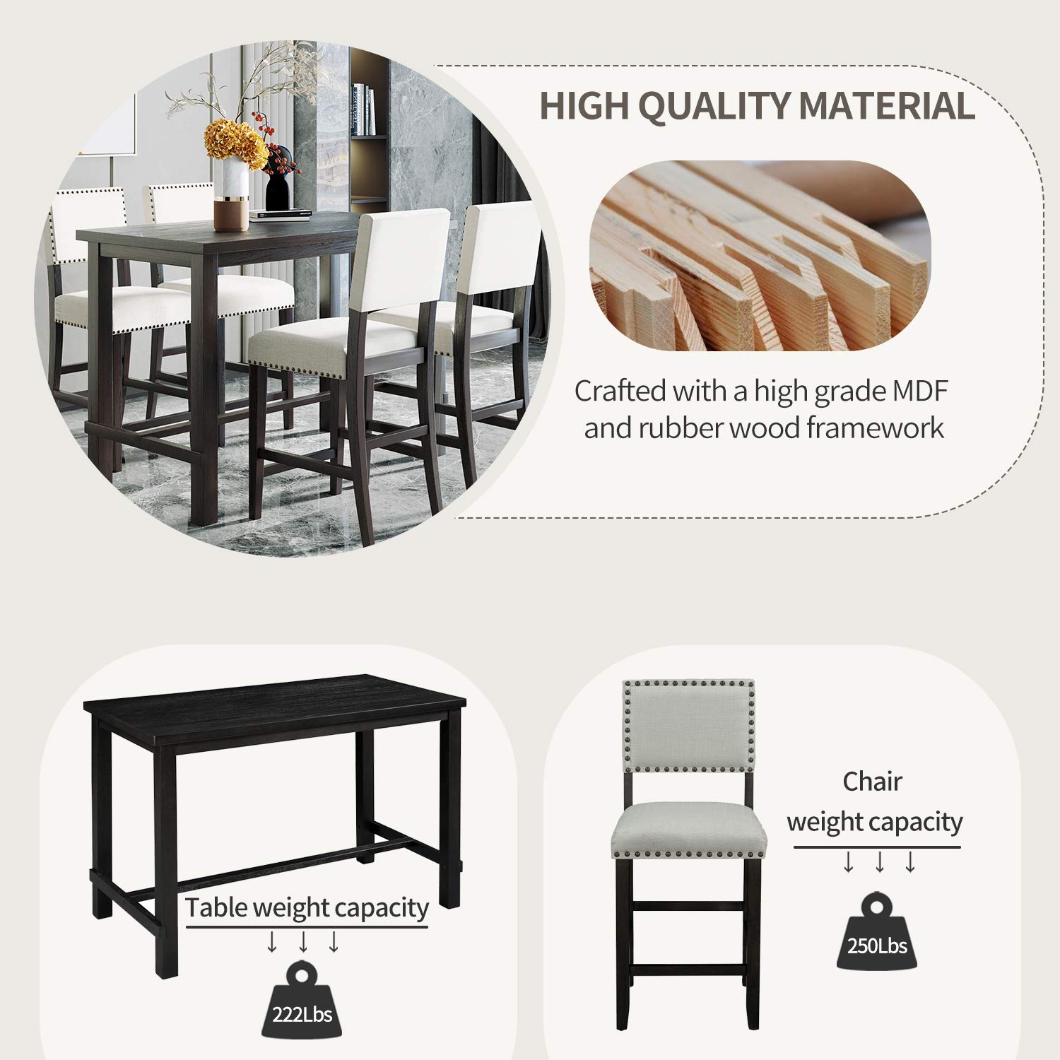 FRANSOUL Classic and Traditional Style 6 Piece Set, Rectangular Extendable Table,Desk, 4 Upholstered Dining Chairs,Bench,Kitchen Dinette,Diningroom,Guest Room, Home Bar,White+Gray