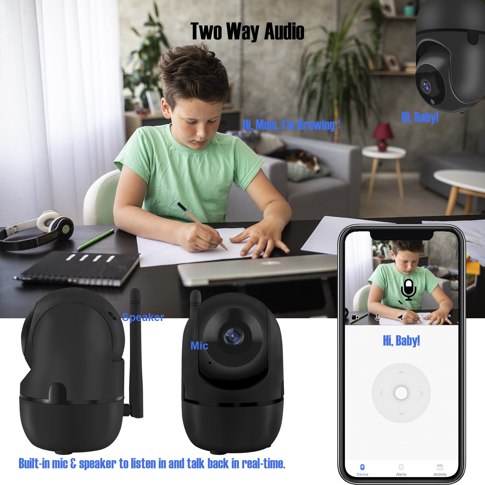 Indoor Security Camera, 2K 5GHz WiFi Camera for Home Security, Dog Pet Camera with Phone App, Motion Tracking, Crying Alert, 2-Way Audio, IR Night Vision, Works with Alexa & Google Assistant (White)