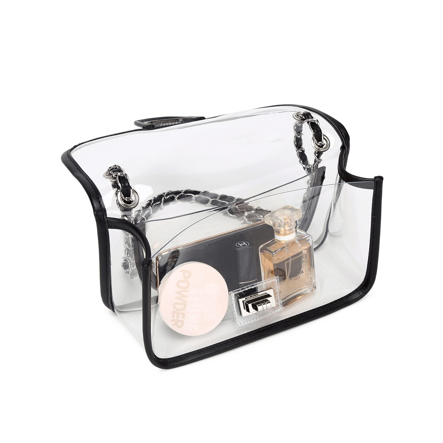 LAM GALLERY Womens PVC Clear Purse Handbag with Chain Stadium Approved Clear Bag See Through Bag for Working and Concert (Black Gold Large)