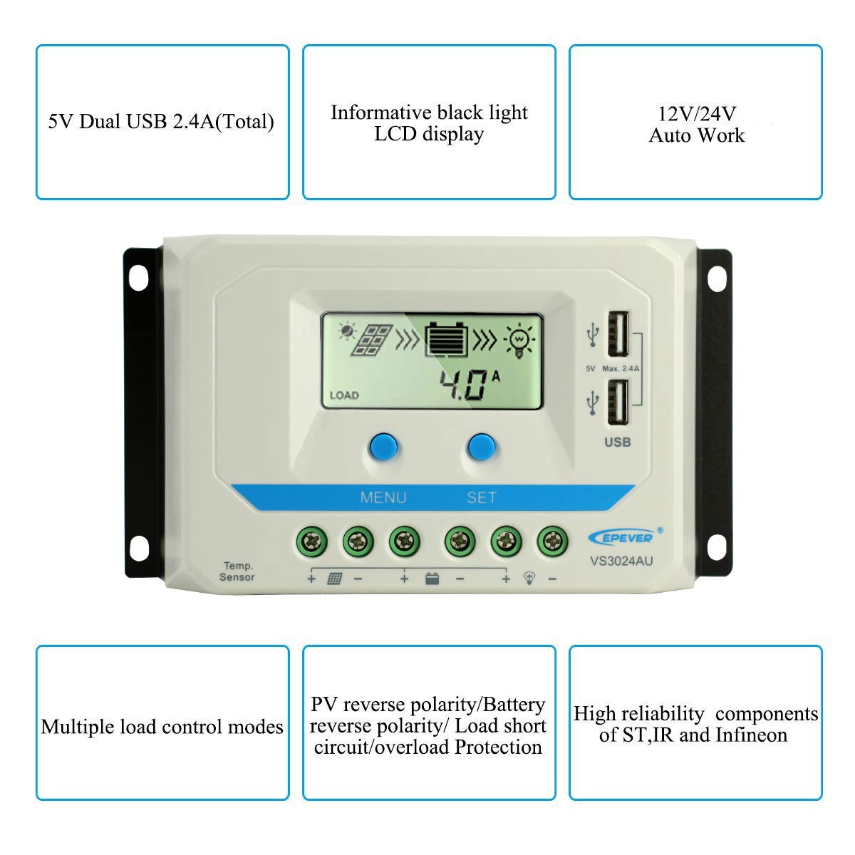 EPEVER 30A Solar Charge Controller 12V/24V Auto, Solar Charge Regulator 30 amp Max input 360W/12V/, 720W24V with LCD Display and Dual USB 5V Output, for Lead-Acid Gel Sealed Flooded Batteries(VS3024AU