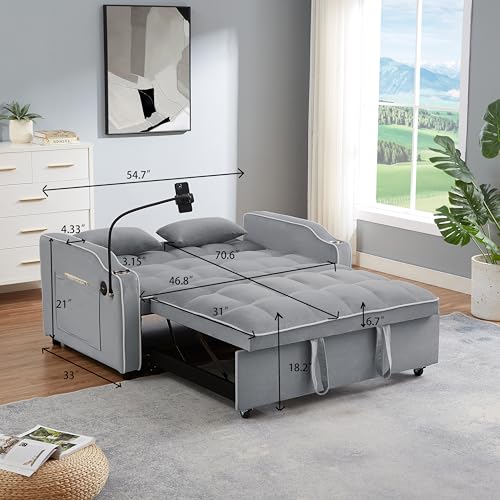 Modern Foldable Sofa Bed with USB Charging Ports,Pull Out Velvet Loveseat Sleeper with Swivel Phone Stand,Futon Couch with Cup Holders & Adjustable Backrest for Living Room,Gray