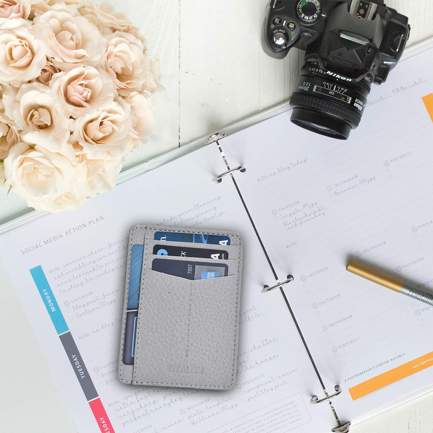 ESTALON Leather Slim Wallet & Credit Card Holder for Men & Women - RFID blocking - Minimalist Design - ID Window - Front Pocket Wallet