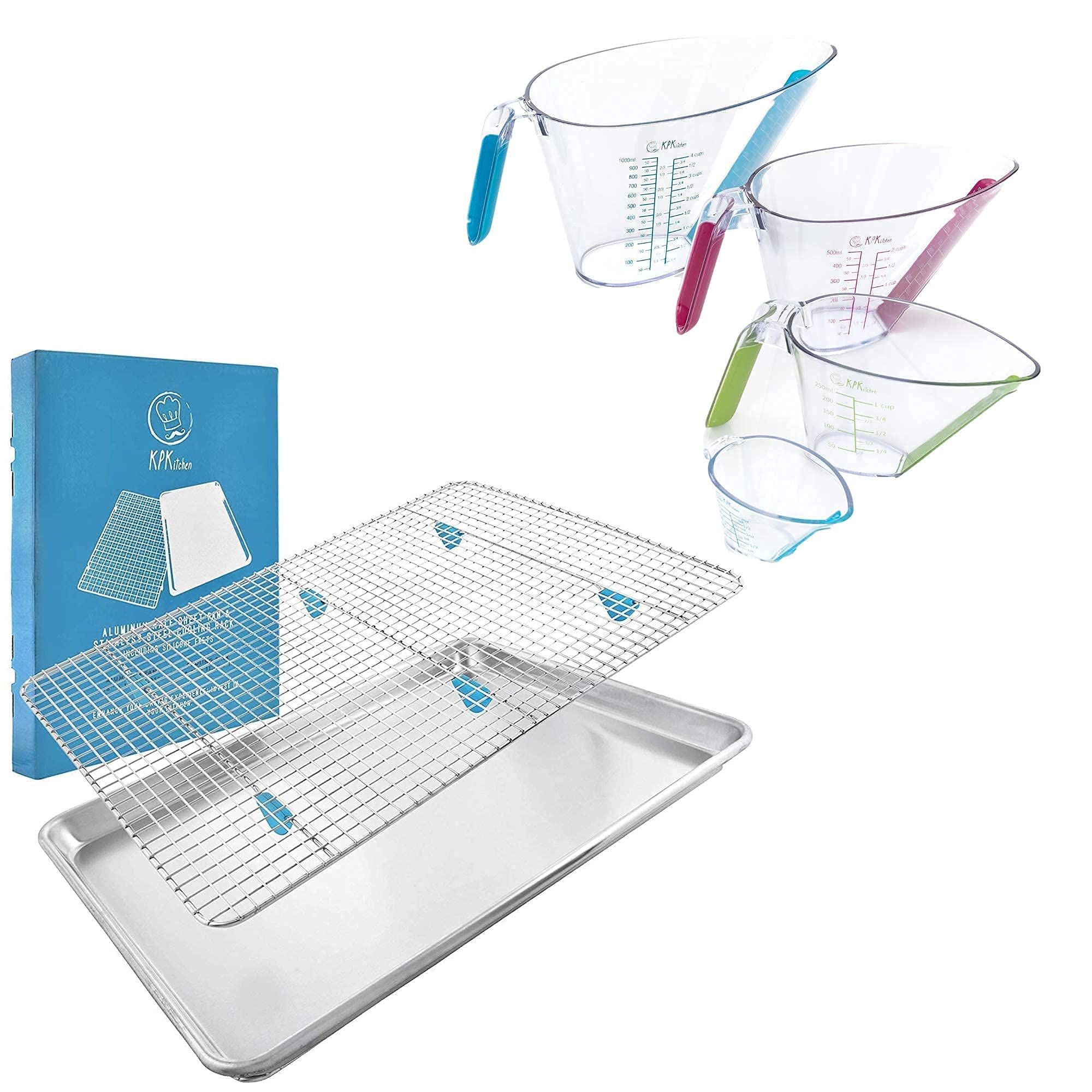 KPKitchen Baking Sheet & Rack Set and 4-Piece Liquid Measuring Cups Set - Aluminum Pan (18” x 13”) + Stainless Cooling Rack (16.8” x 11.8”) - Includes Mini Ounce, 1, 2 and 4 Plastic Measuring Cup Size