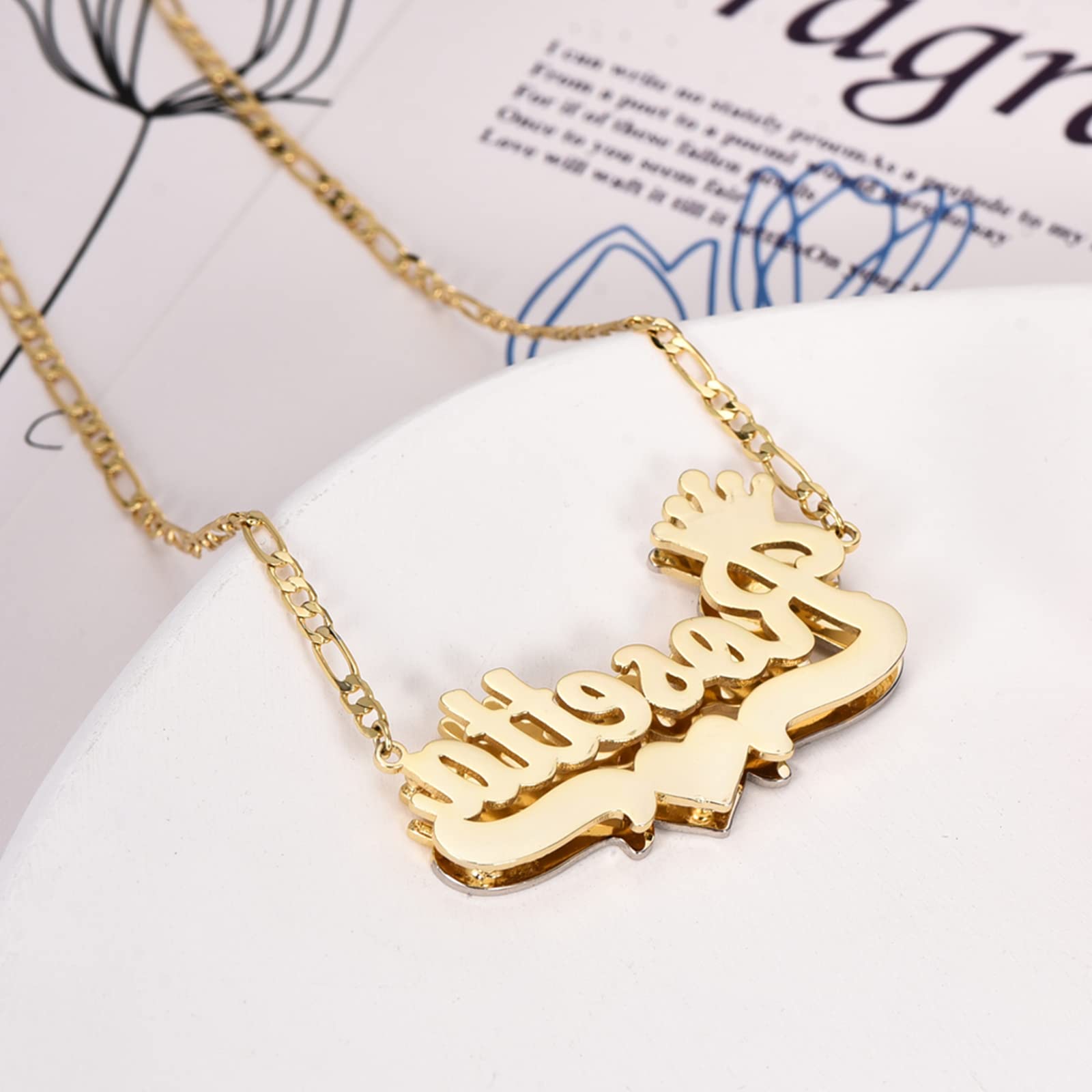 Gemiac Name Necklace Personalized 18k Gold Plated Crown Custom Nameplate Necklace for Women as a Gift (Gold and Silver 11)