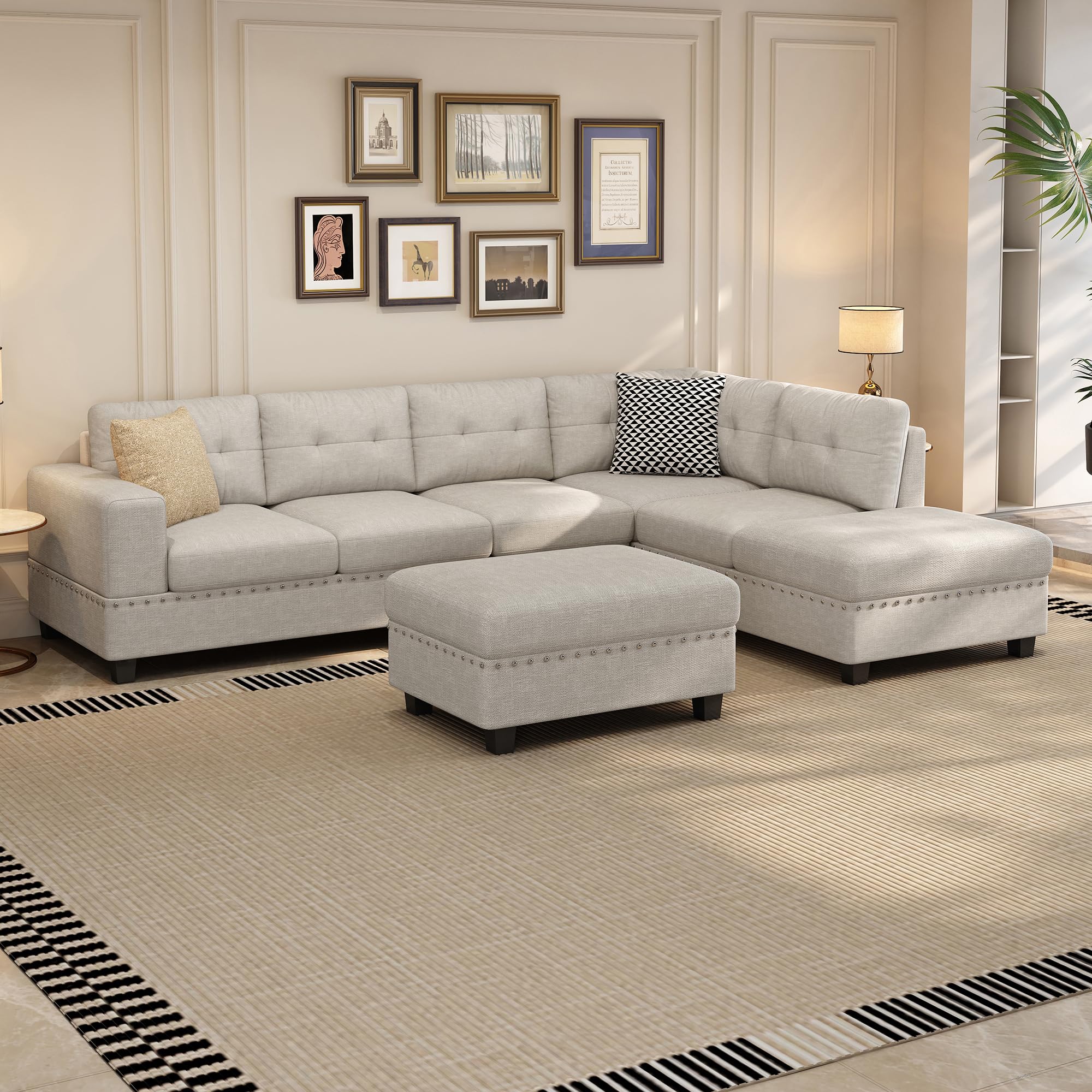 P PURLOVE Modern Sectional Sofa for Living Room, Linen L-Shape Couch with Storage Ottoman and 2 Pillows and Cup Holder, Livingroom Sofa with Reversible Chaise for Apartment, Studio (Light Gray)