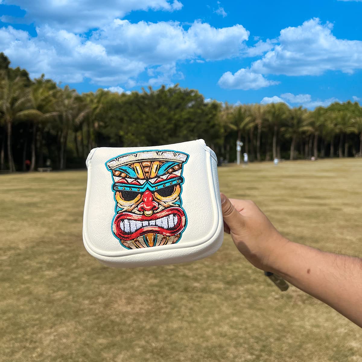 Golf Square Heel Shaft Mallet Putter Cover Headcover, Demon Mask Design Magnetic Closure Elegant Embroidery Premium Leather Headcovers