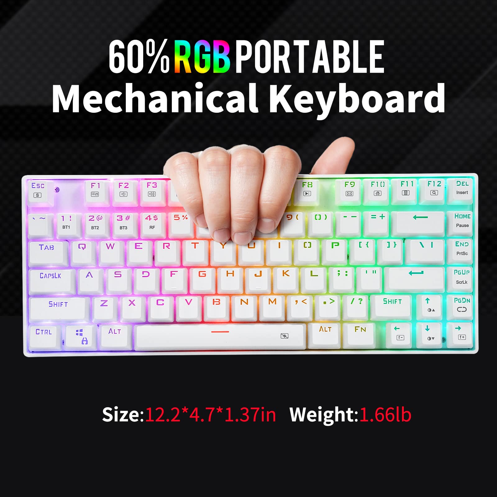 HUO JI Wireless RGB Mechanical Keyboard,Bluetooth/2.4Ghz/Wired Z-88 Gaming Keyboard with Clicky Blue Switches RGB LED Backlit 81 Keys Compact for Mac, PC, White