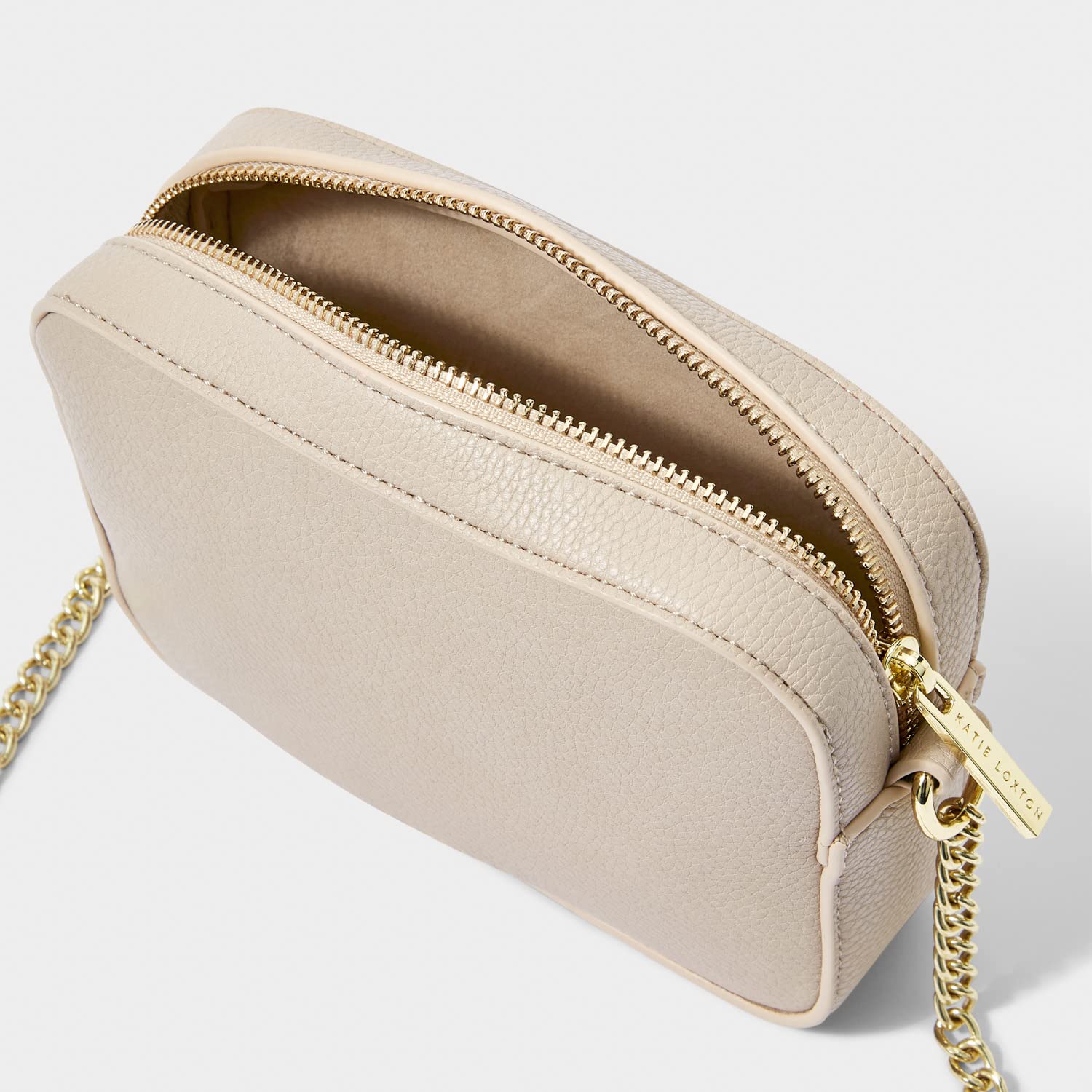 KATIE LOXTON Millie Small Womens Vegan Leather Chain Strap Mini Crossbody Clutch Handbag Purse Taupe