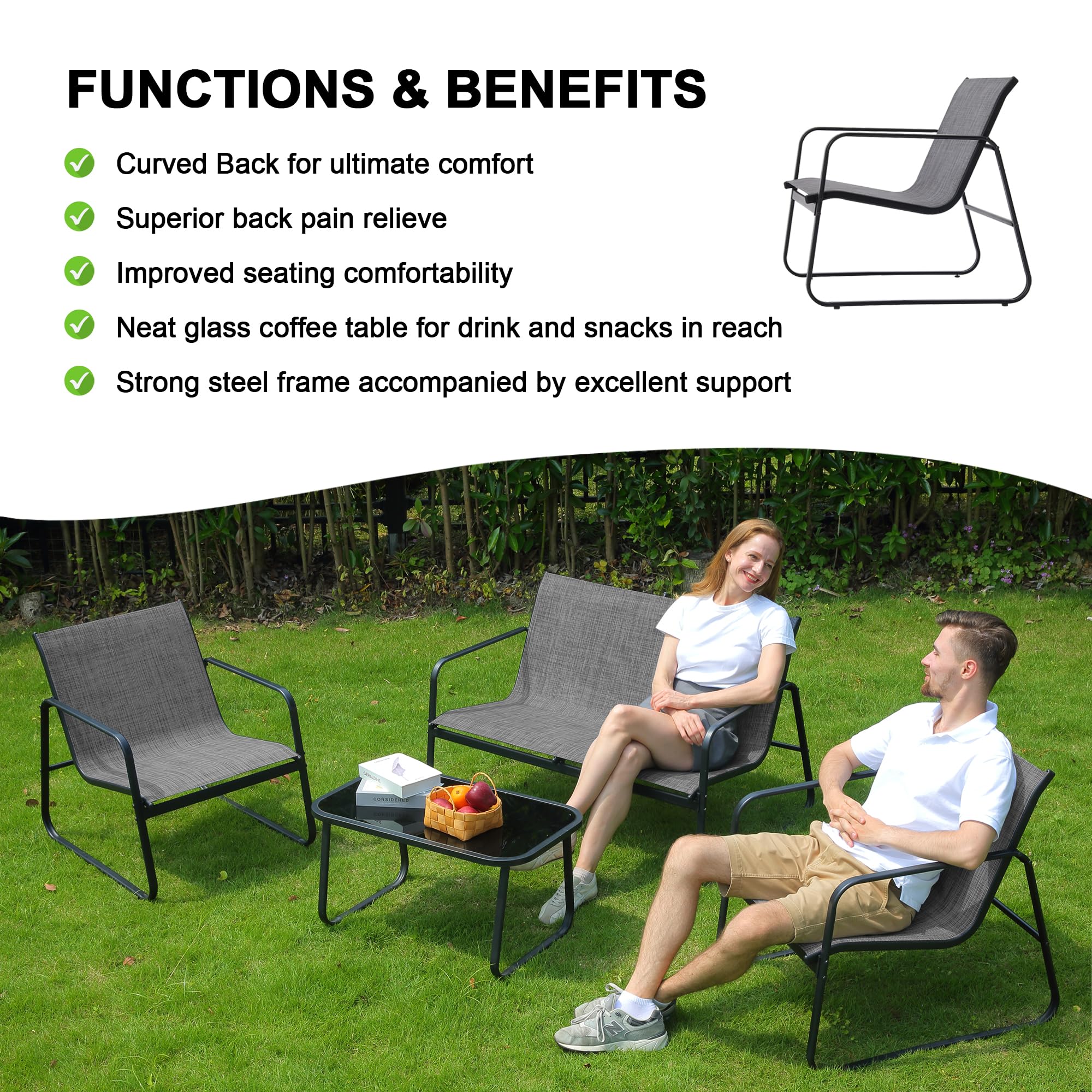 PIZZELLO 4 Pieces Outdoor Patio Furniture Textilene Modern Conversation Bistro Set with Loveseat Tea Table for Home, Lawn and Balcony