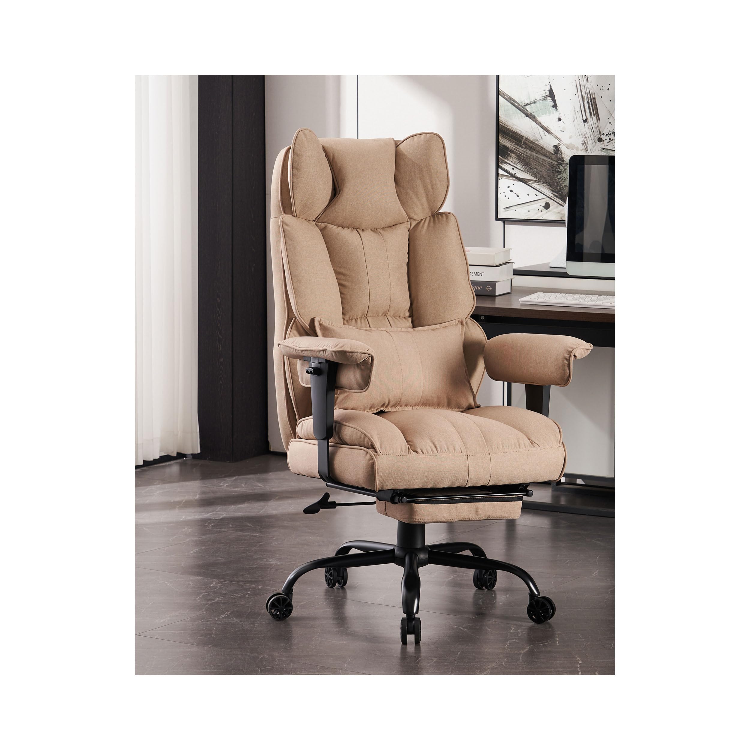 Efomao Desk Office Chair,Big High Chair,Fabric Computer Chair,Oversized Chair,Executive Office Chair,Adjustable Armrest Office Chair with Foot Rest, Beige Office Chair