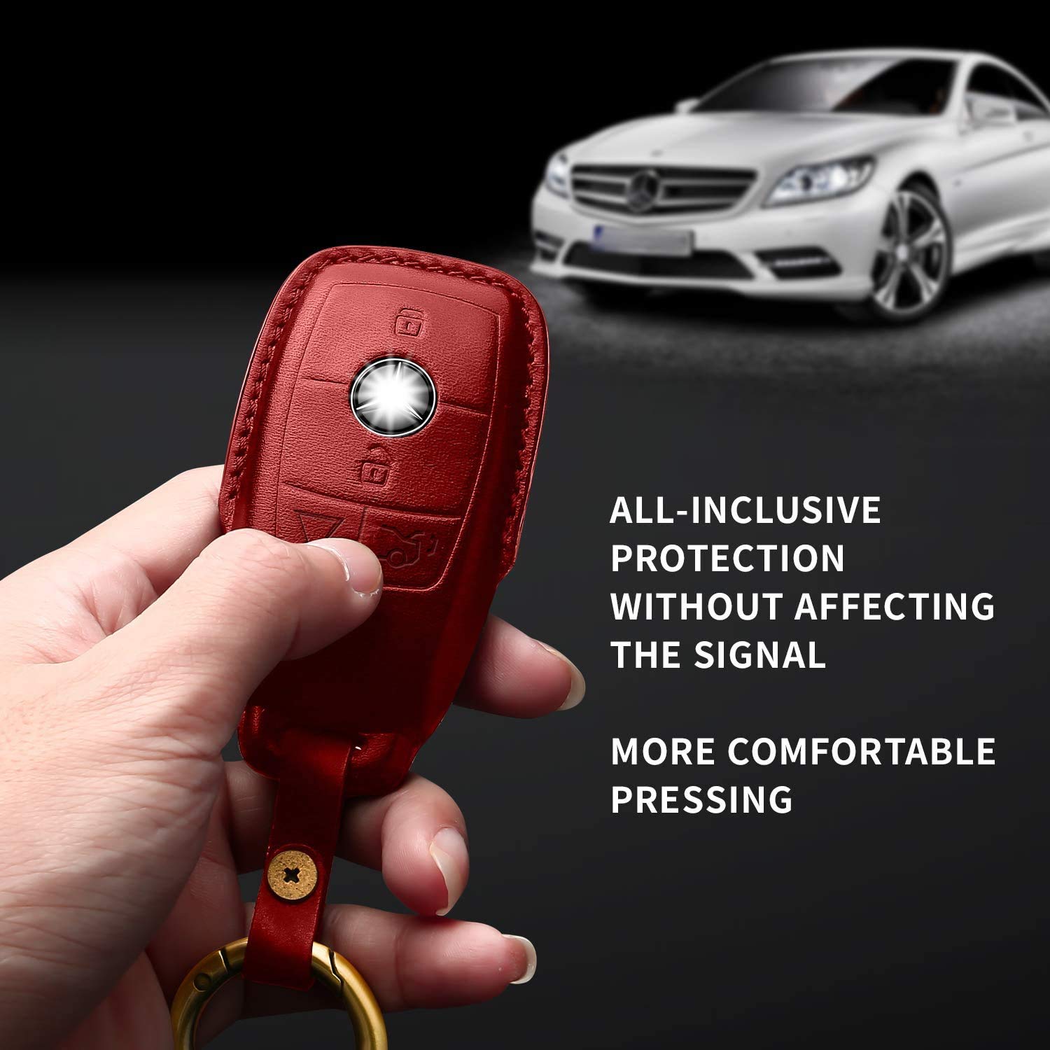 For Mercedes Benz Genuine Leather key fob cover with keychain Compatible with Mercedes-Benz 2019-2021 A-Class C-Class G-Class 2017-2021 E-Class 2018-2021 S-Class Keyless Smart Key Fob(4-Button,Red)