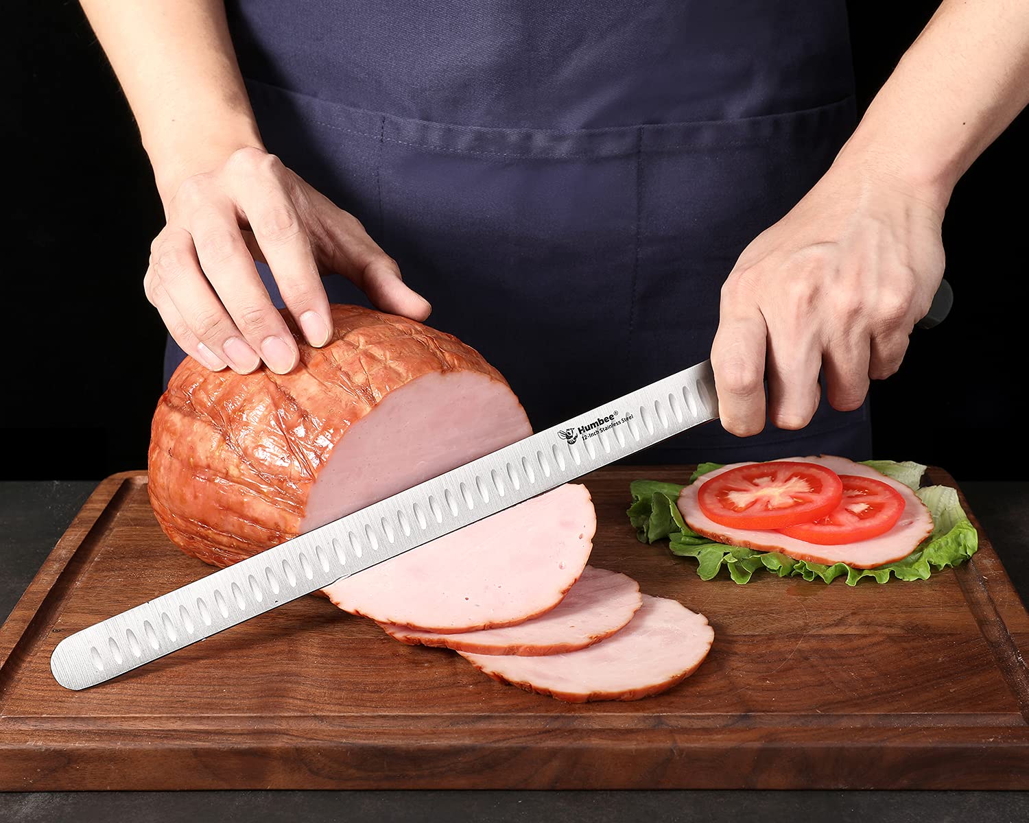 Humbee 12 inch Carving Knife Razor Sharp Blade with Granton Edge for Cutting Smoked Brisket, BBQ Meat, Turkey,Black