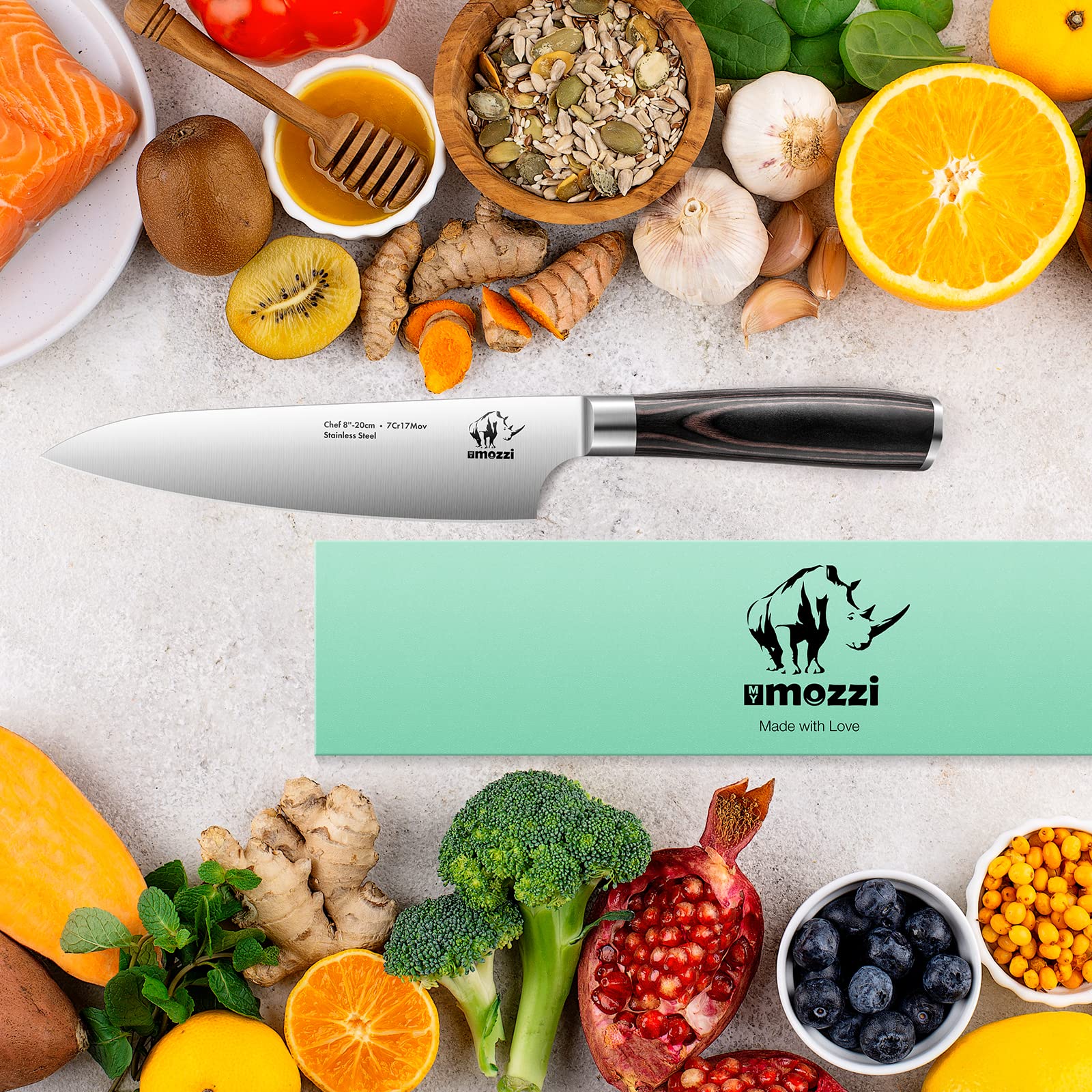 My Mozzi Chef Knife - Professional Knife with Ergonomic Handle and High Carbon Stainless Steel Ultra Sharp Paring Kitchen Chef Knife 8 inch