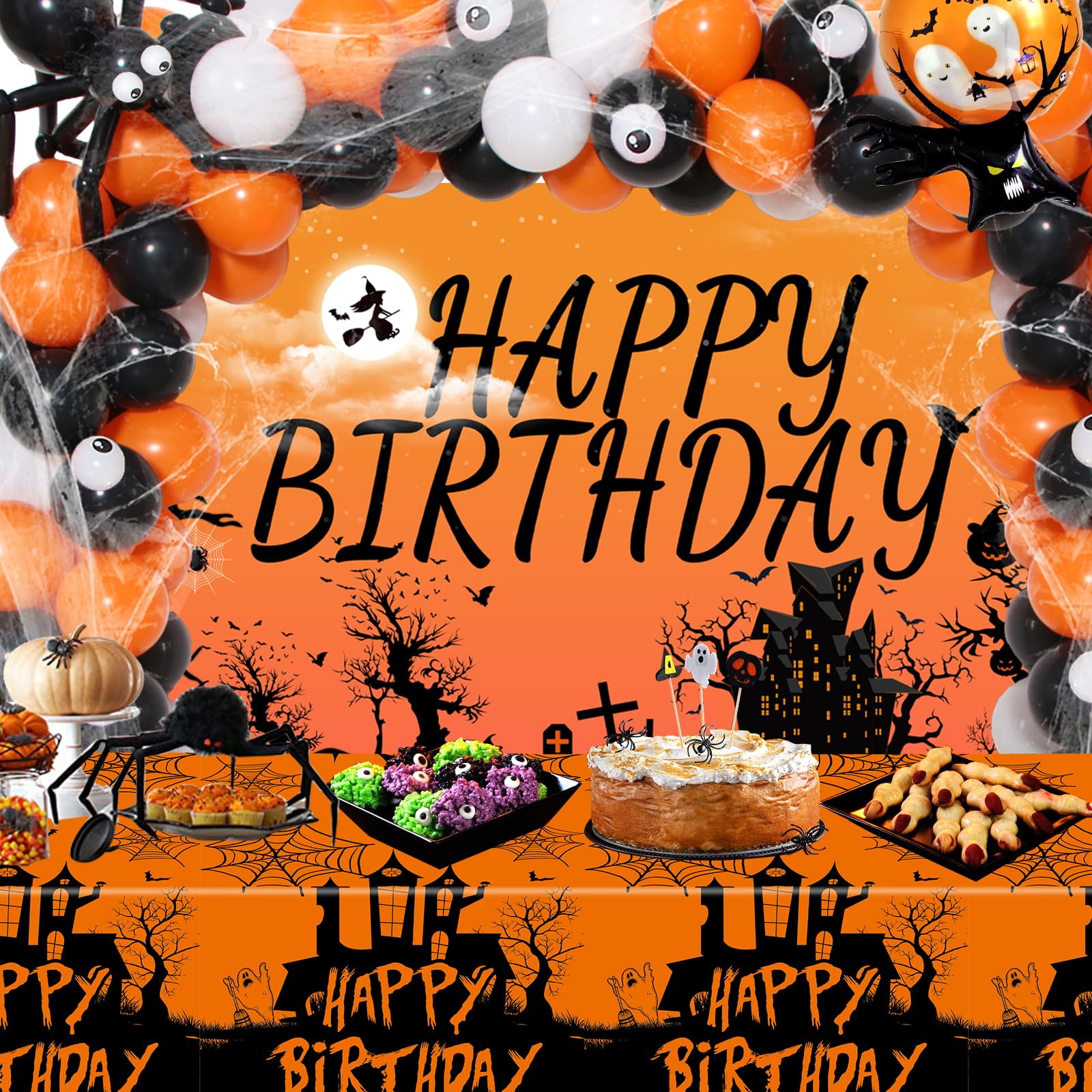 Halloween Birthday Party Decorations, Halloween Decorations Indoor/Outdoor for Kids, Halloween Party Decorations with Halloween Birthday Banner Backdrop Halloween Balloons Arch Kit