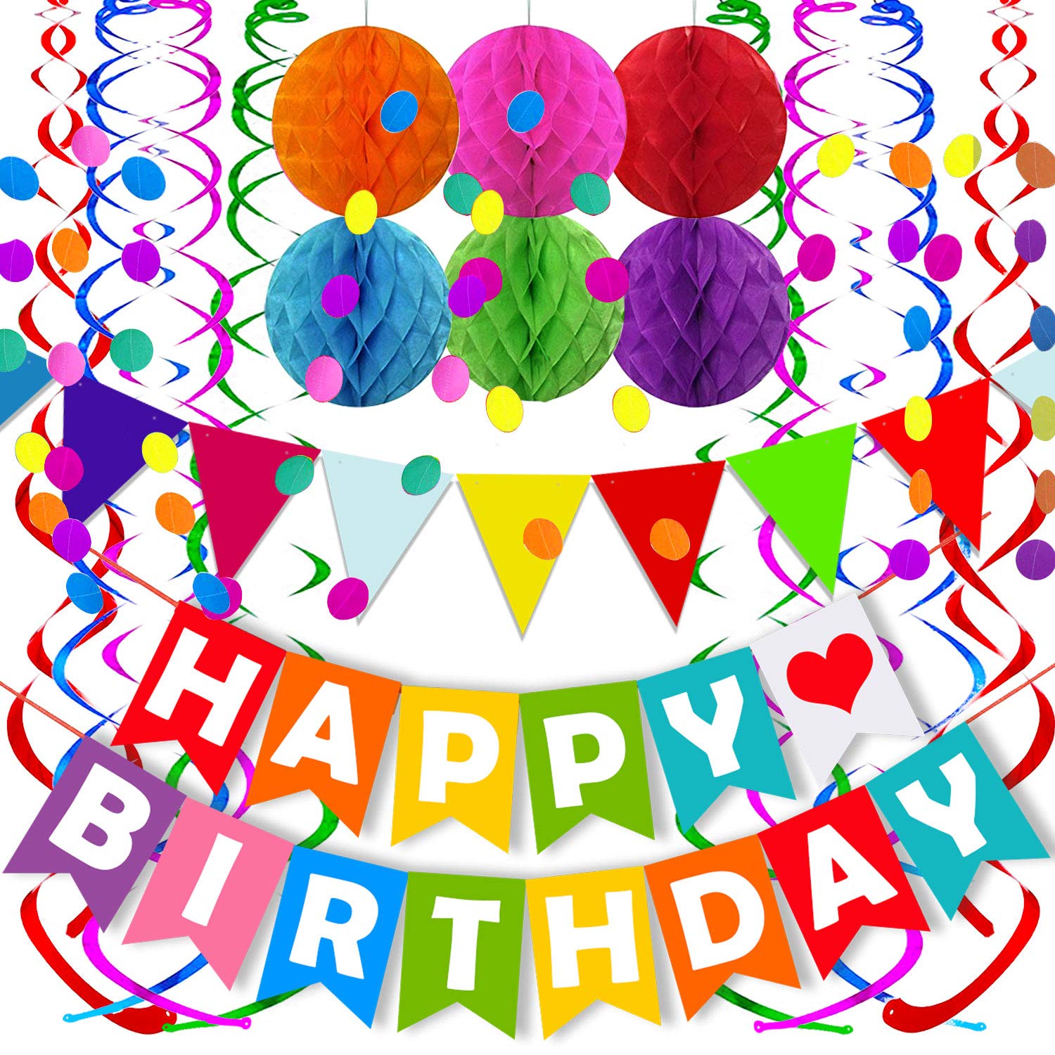 FECEDY Colorful Happy Birthday Banner Paper Triangle Flag Bunting Circle Confetti Dots Hanging Garland And Honeycomb Ball Swirl Streamers for Birthday Baby Shower Party Decoration