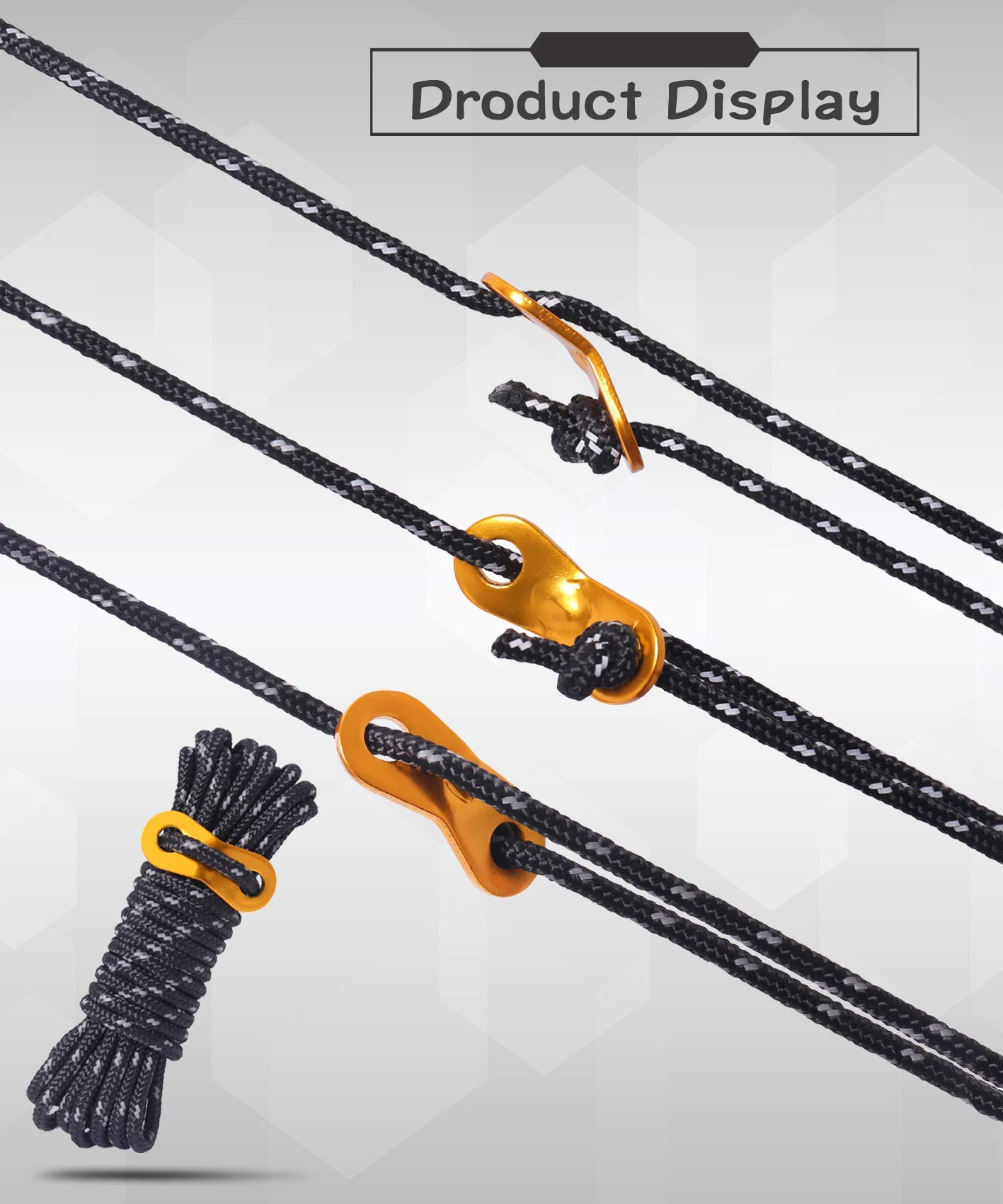 Hikeman 10 Pack 4mm Camping Rope Reflective Outdoor Guy Lines with Aluminum Guyline Adjuster Tensioners Nylon Tent Tie Downs for Hiking Backpacking Tarp,Canopy Shelter (Black)