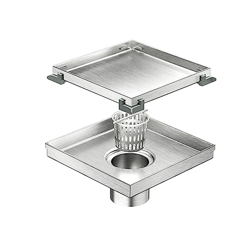Neodrain 6-Inch Square Shower Drain with Removable Tile Insert Grate,Brushed 304 Stainless Steel, with Watermark&CUPC Certified, Includes Hair Strainer