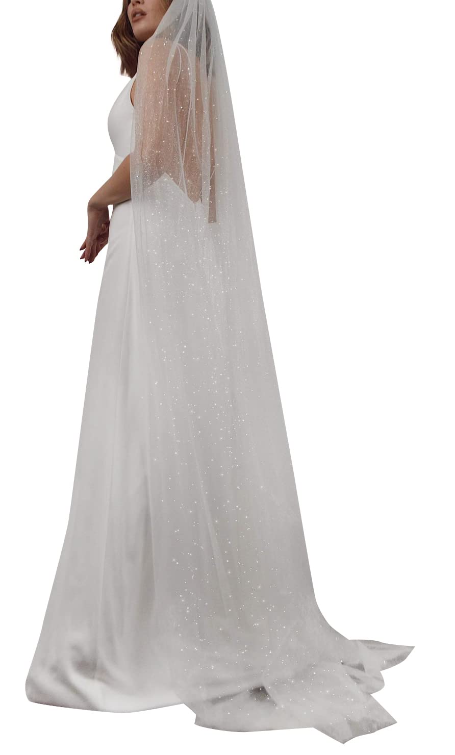 Hazhlko Women's Ivory Single-tier Cathedral Length Glitter long Wedding Veil Sparking Bridal Veil with Metal Comb 118"