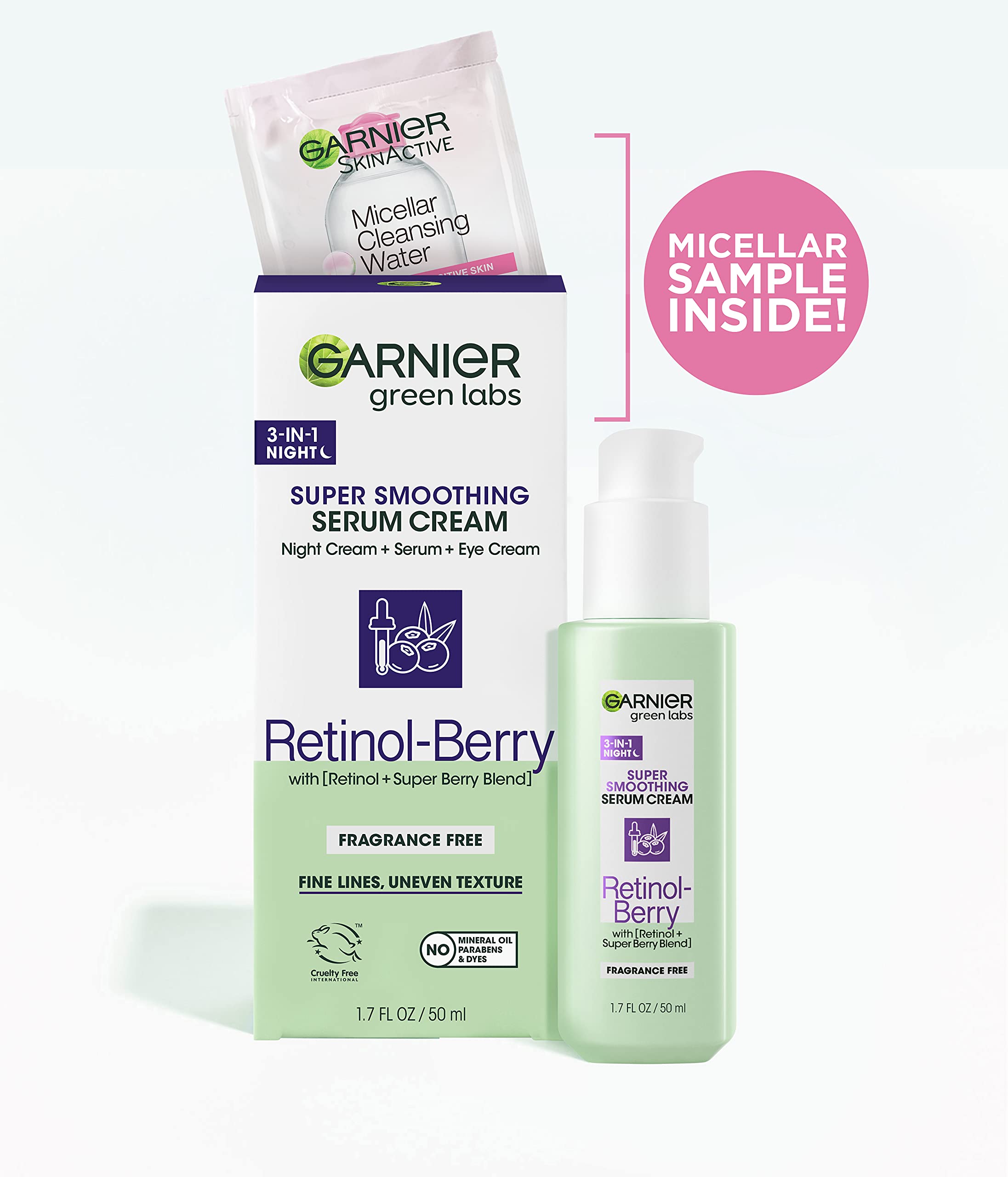 Garnier Green Labs Retinol-Berry Super Smoothing Night Serum Cream Moisturizer, 3-in-1 Retinol Serum, Night Cream, Eye Cream, 1 kit